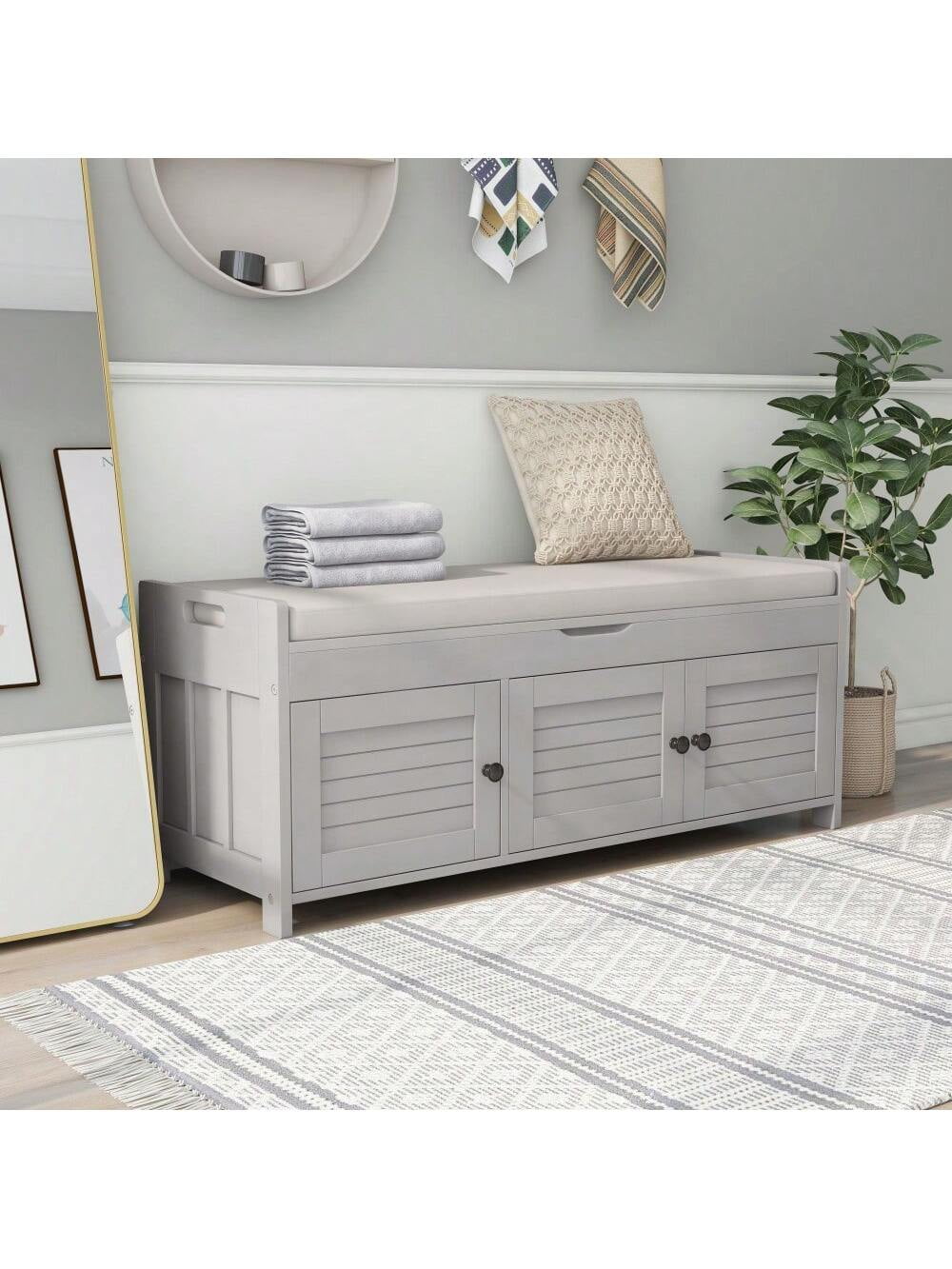 Grey Shoe Storage Bench,2-Tier Farmhouse Entryway Bench With 3 Door ...