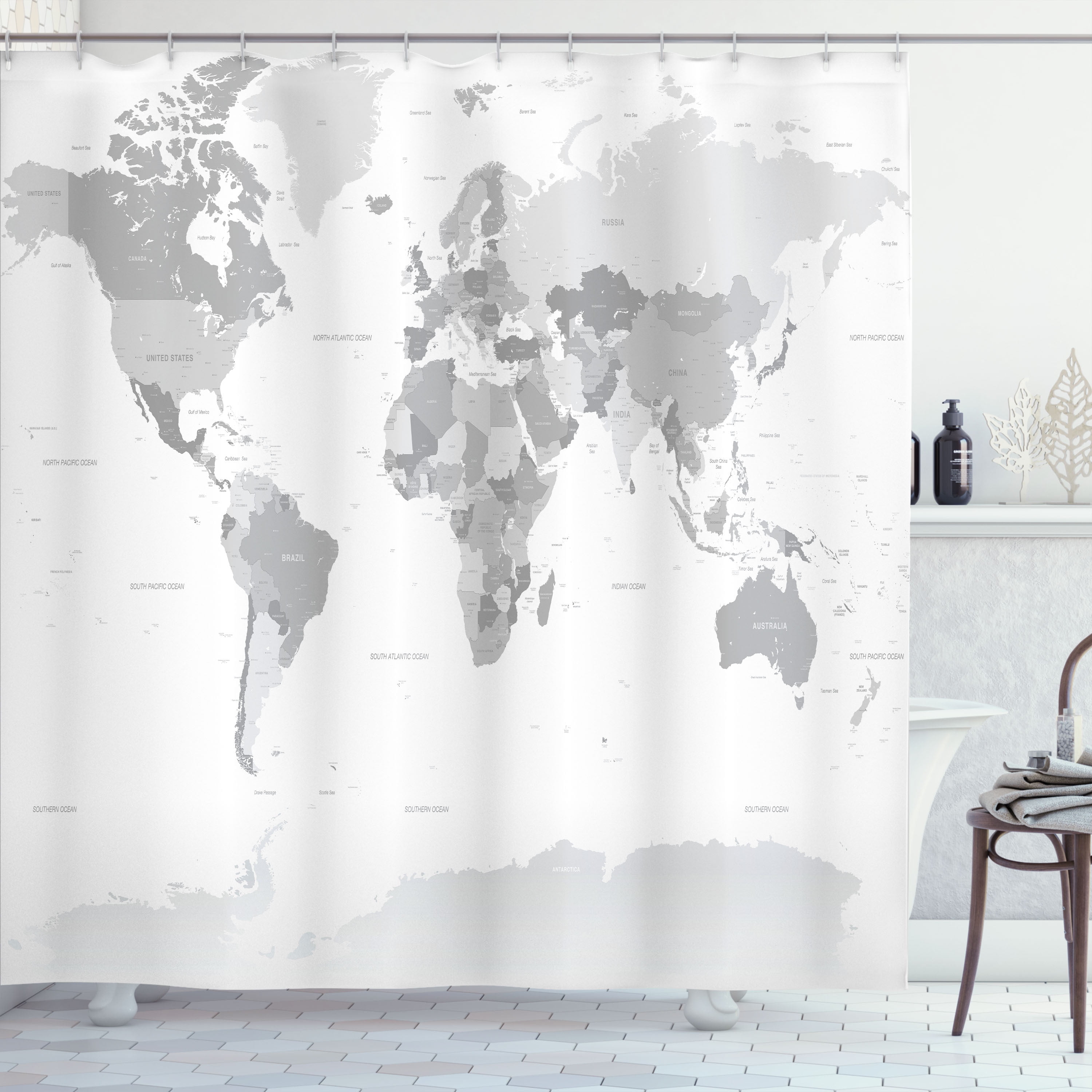 Grey Shower Curtain, Detailed World Map with All Countries Major ...