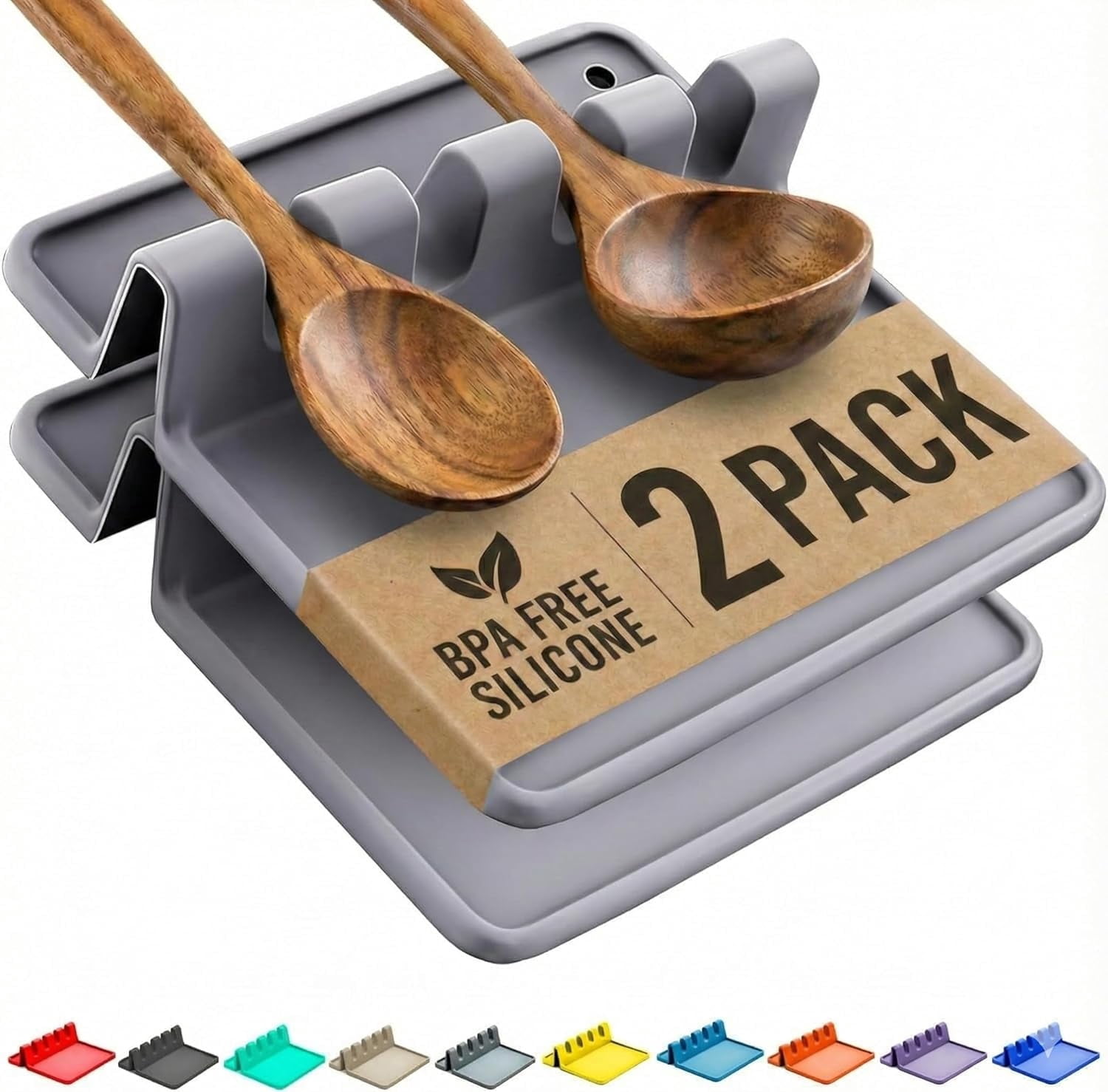 Cooler Kitchen Silicone Spoon Rest, 2-Pack, Grey, Heat-Resistant BPA ...