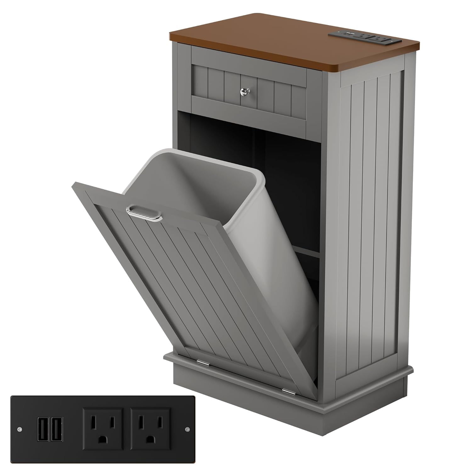 Grey Single Door Double Tilt-Out Trash Cabinet with Power Outlet, 10 ...