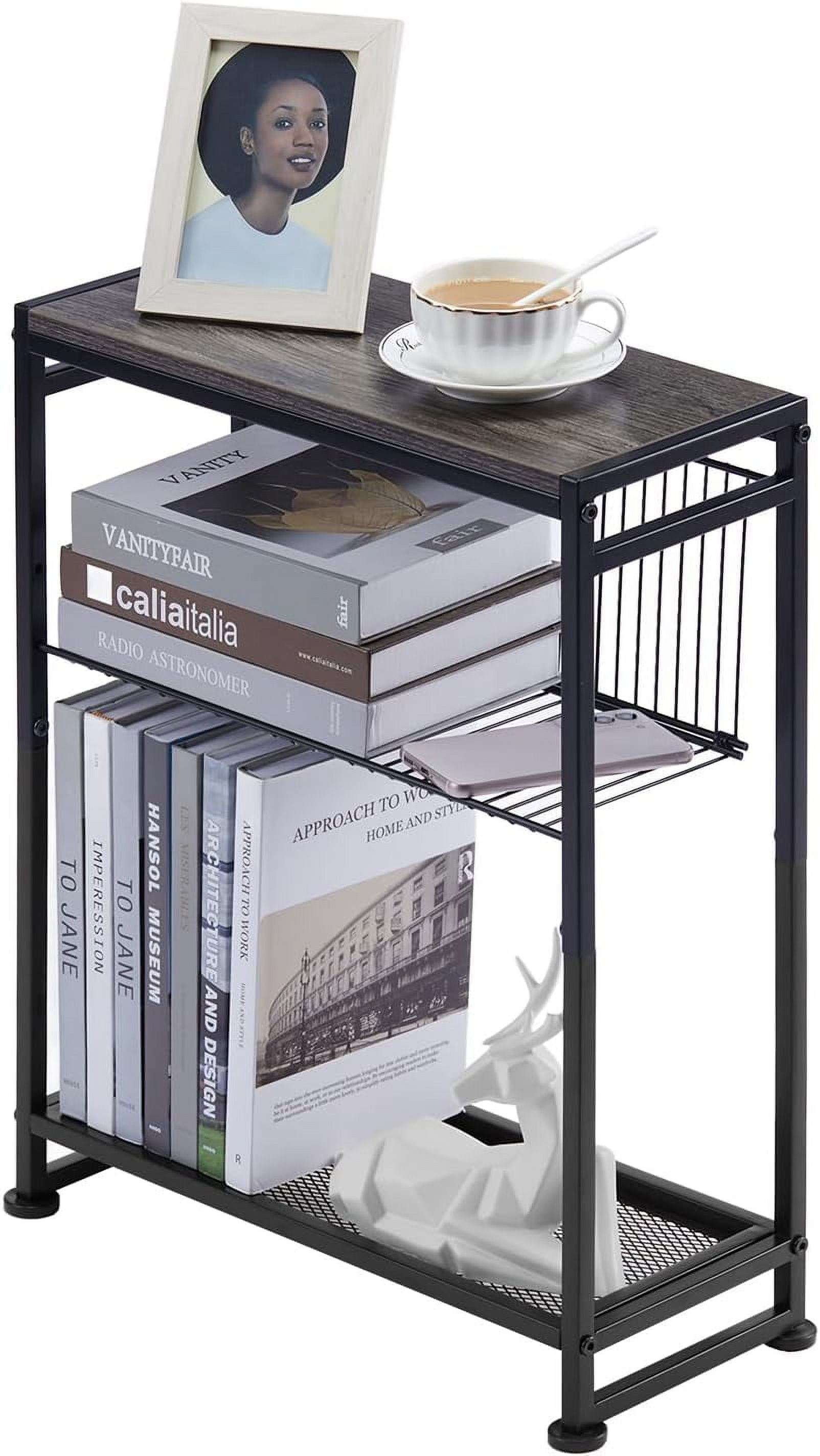 Grey Slim End Table - 2 in 1 Design with Magazine Holder - Perfect for ...