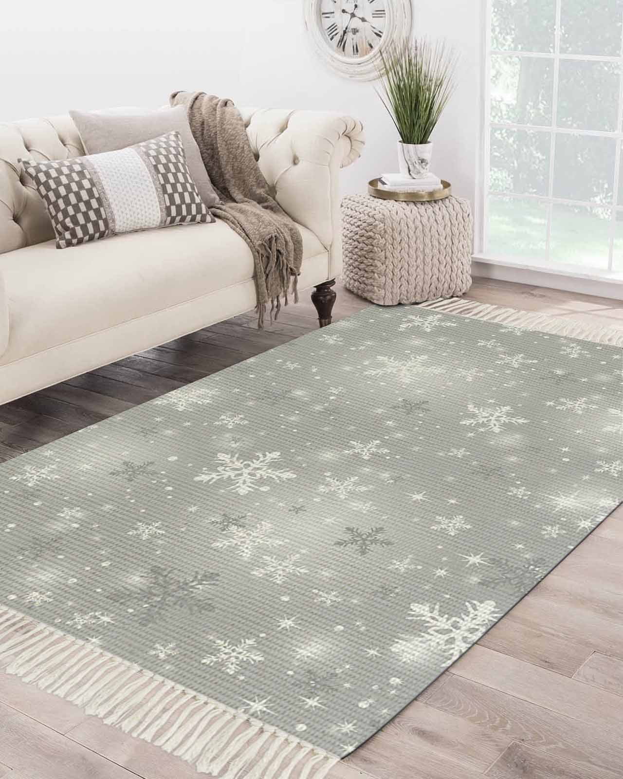 Grey Snowflake Christmas Area Rug 4x6 Living Room Rug with Tassel Woven Cotton Entryway Rugs ...