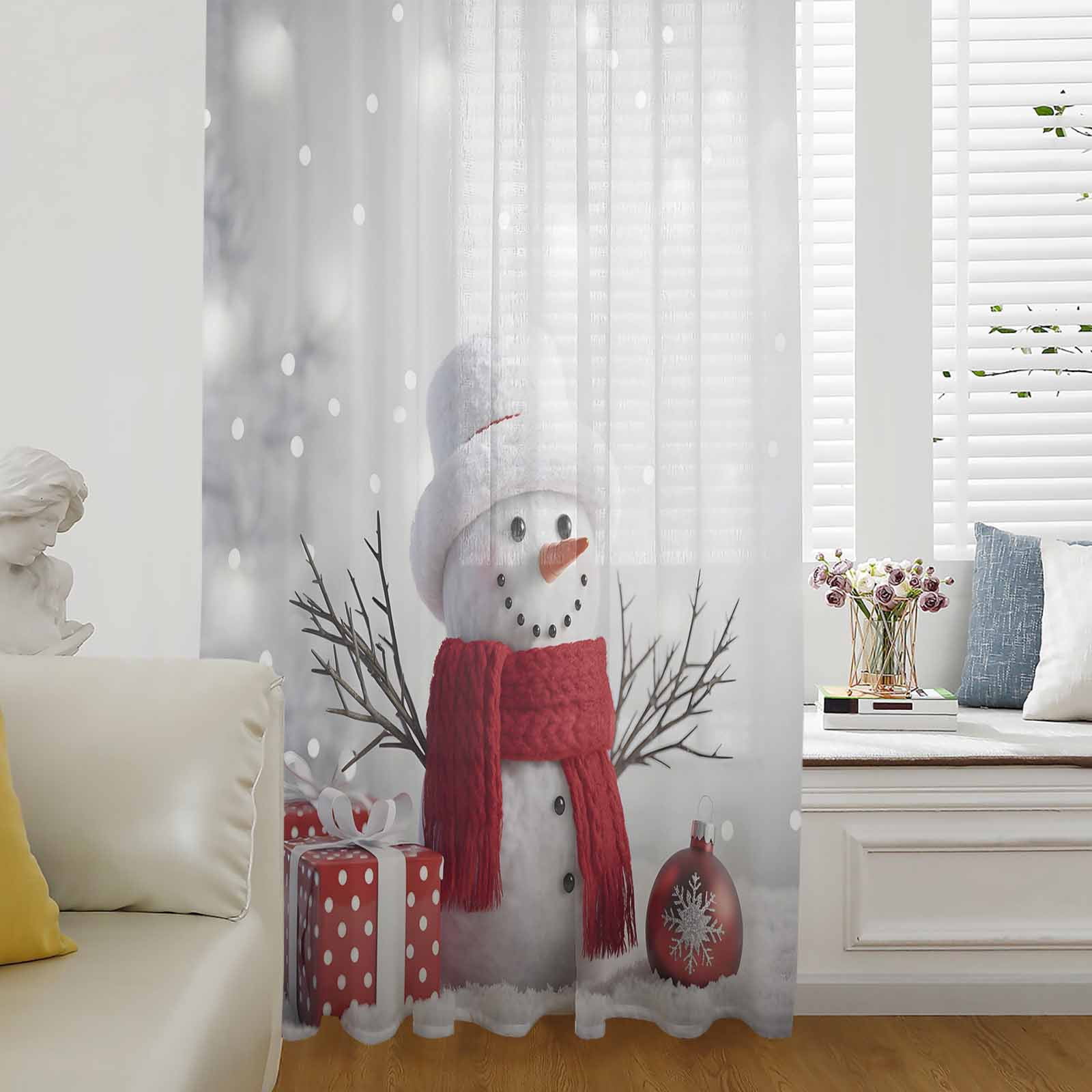 Grey Snowman Christmas Semi Sheer Curtains Drapes for Living Room ...