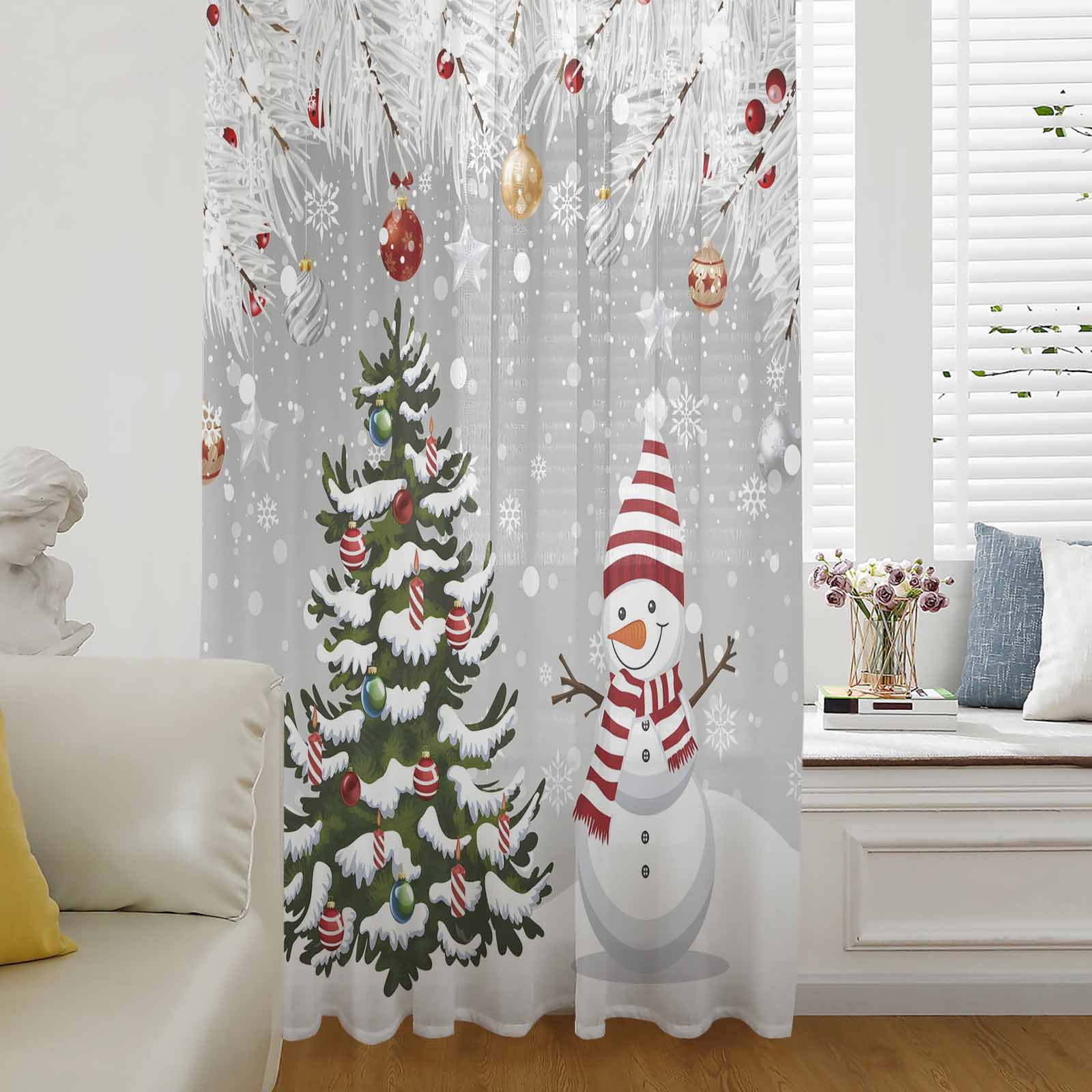 Grey Snowman Christmas Semi Sheer Curtains Drapes for Living Room ...