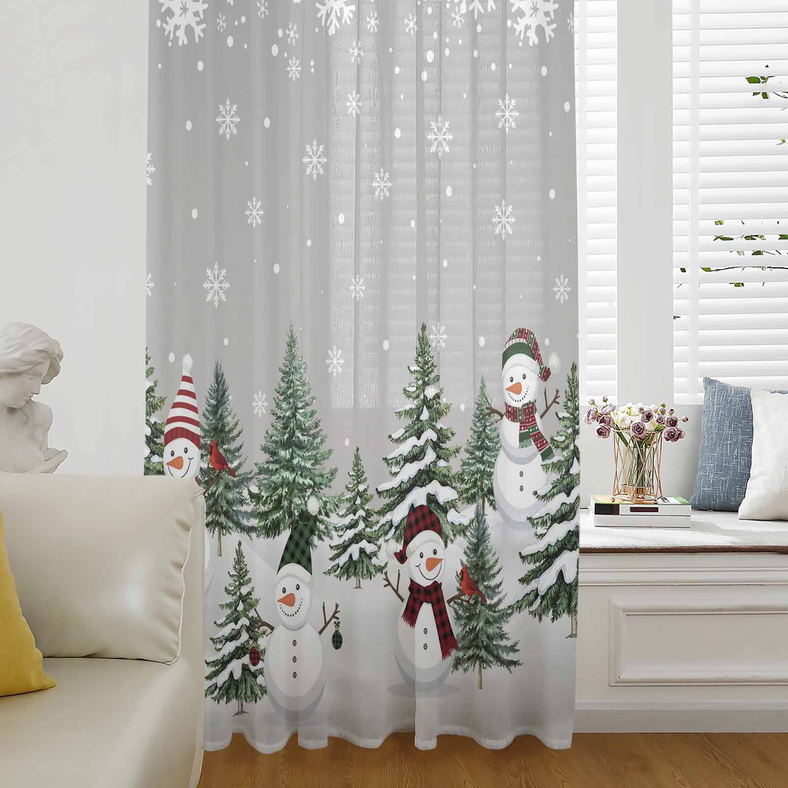 Grey Snowman Christmas Semi Sheer Curtains Drapes for Living Room ...