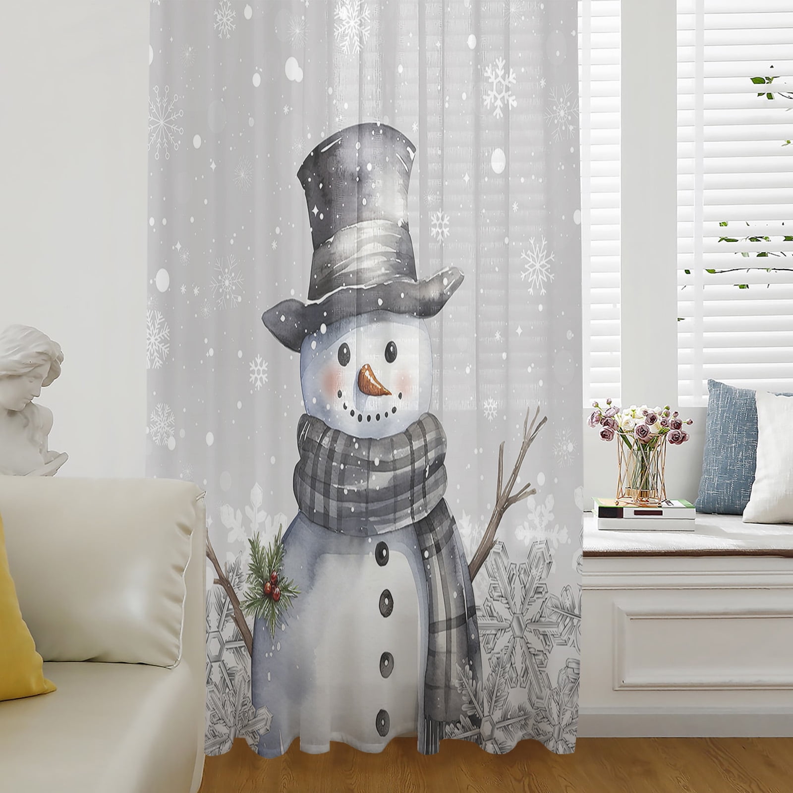 Grey Snowman Christmas Semi Sheer Curtains Drapes for Living Room ...