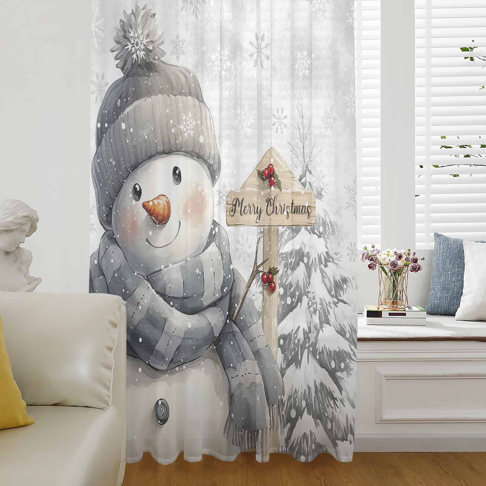 Grey Snowman Christmas Semi Sheer Curtains Drapes for Living Room ...