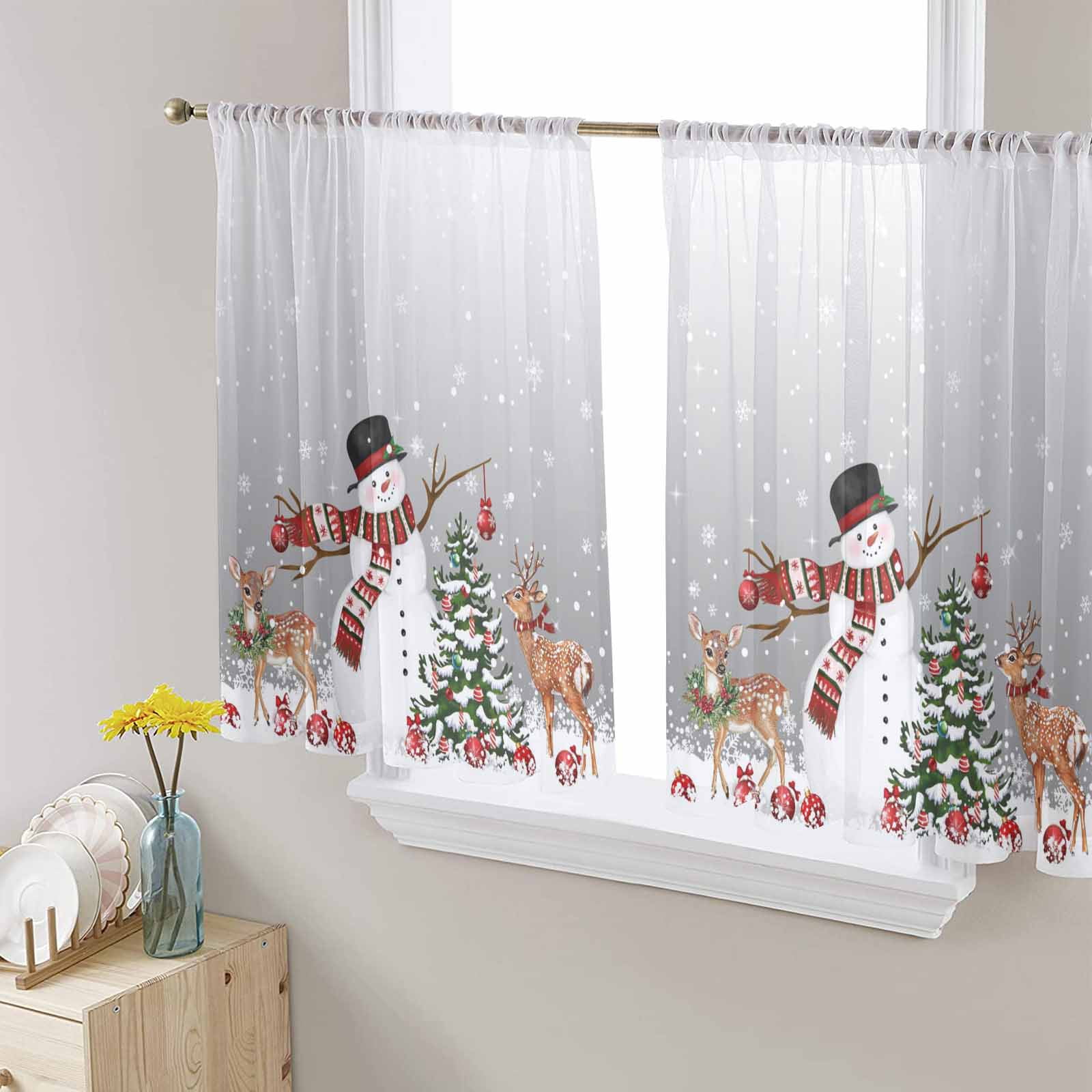 Grey Snowman Christmas Sheer Curtains 45 Inches Long, Xmas Elk Tree ...