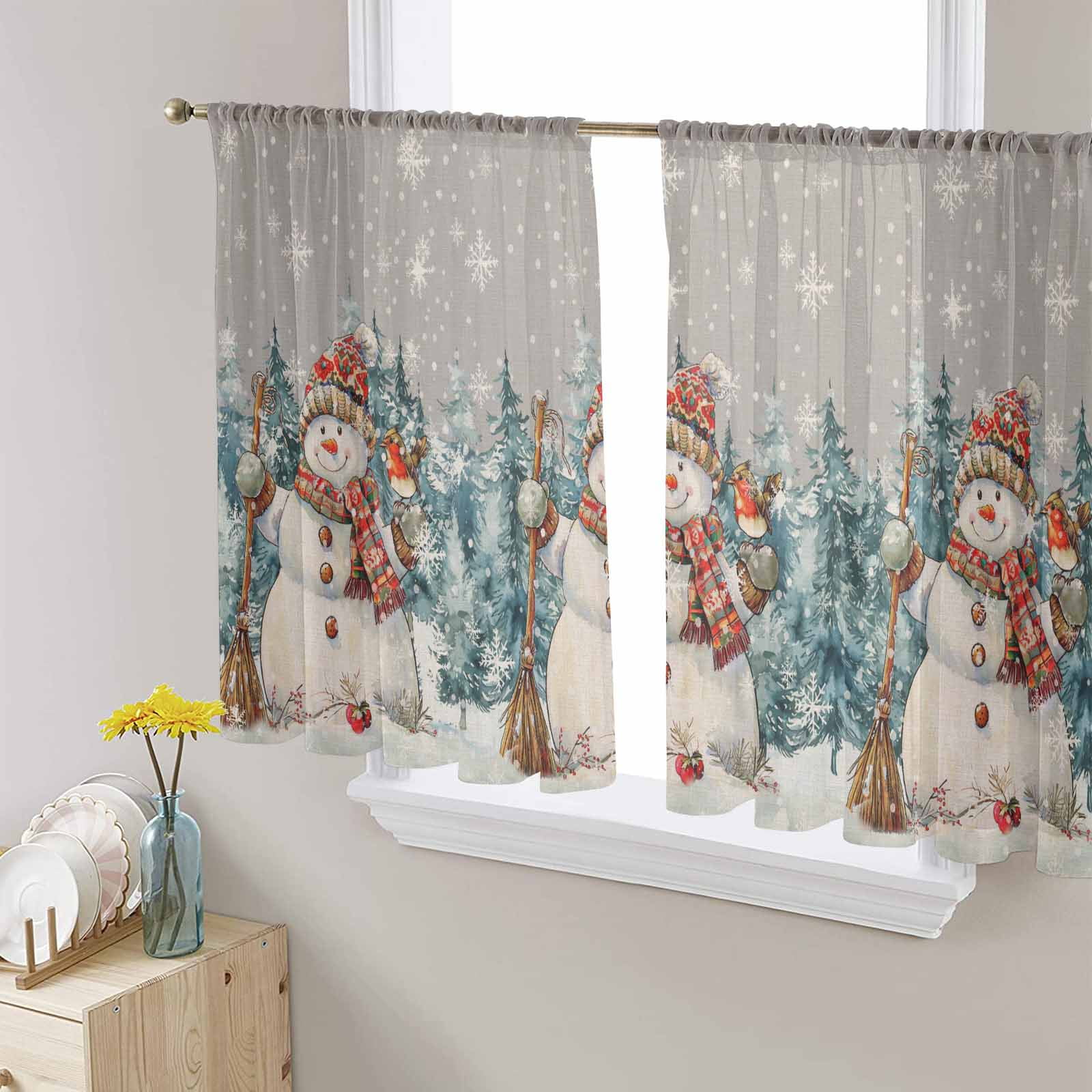 Grey Snowman Christmas Sheer Curtains 54 Inches Length 2 Panels Set ...