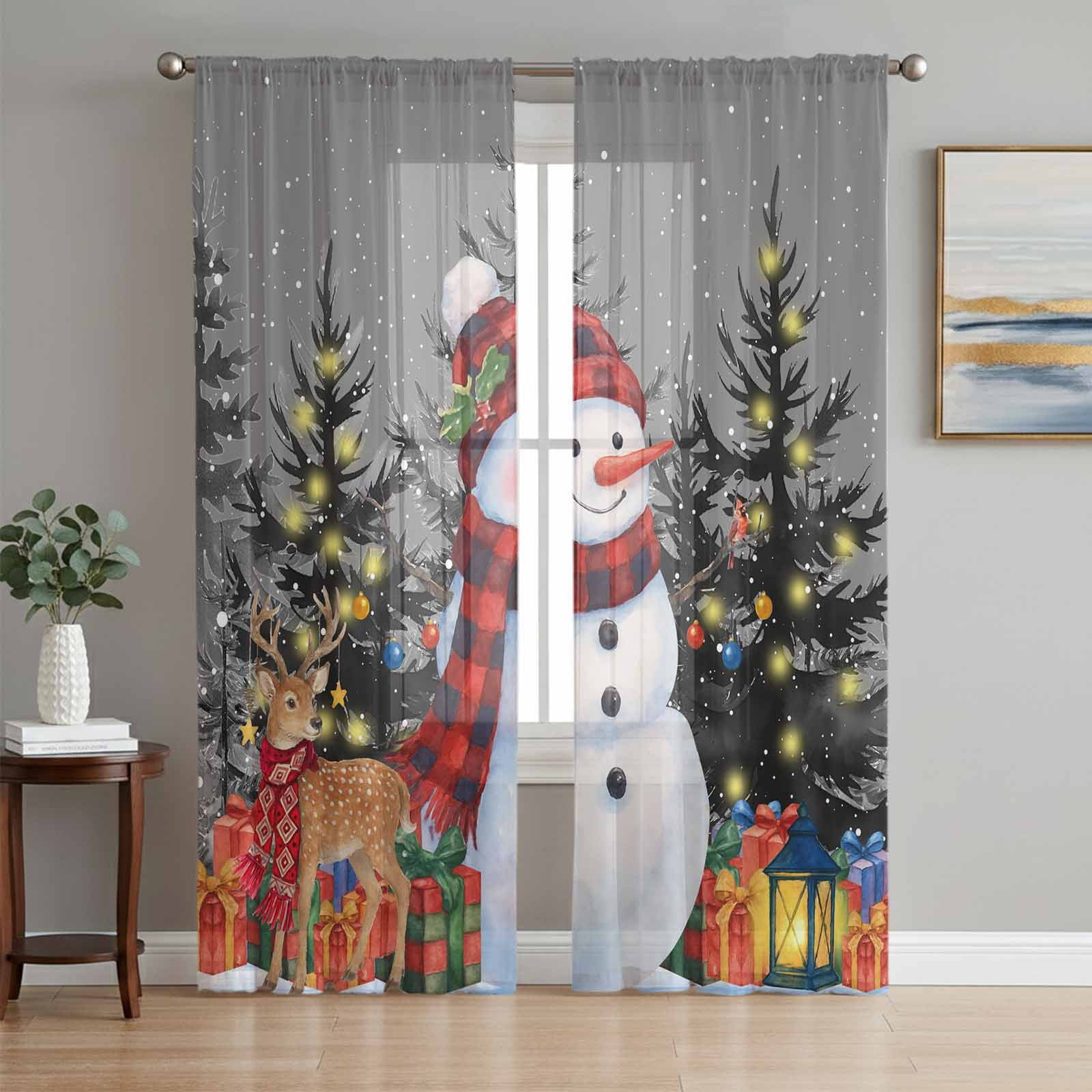 Grey Snowman Christmas Sheer Curtains 72 Inch Length 2 Panels Set, Xmas ...