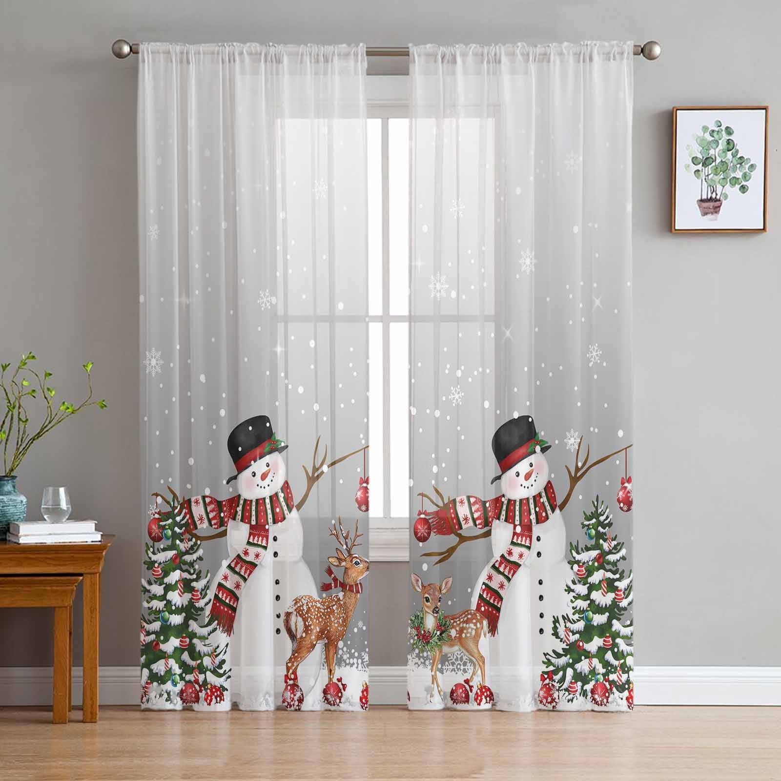Grey Snowman Christmas Sheer Curtains 72 Inches Long, Xmas Elk Tree ...