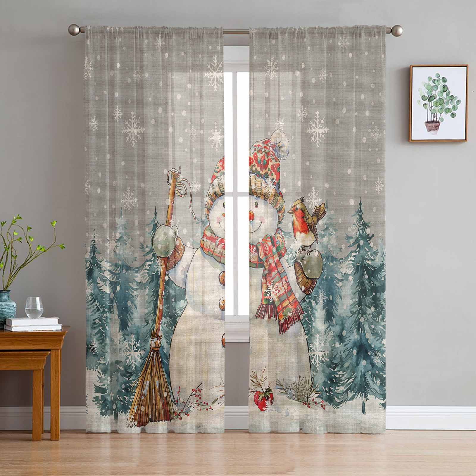 Grey Snowman Christmas Sheer Curtains 84 Inches Long 2 Panels Set ...