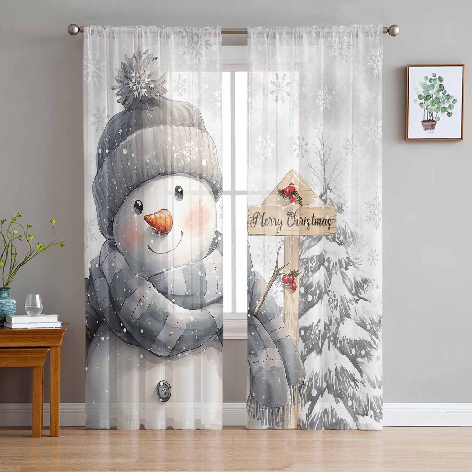 Grey Snowman Christmas Sheer Curtains 96 Inches Long 2 Panels Set ...