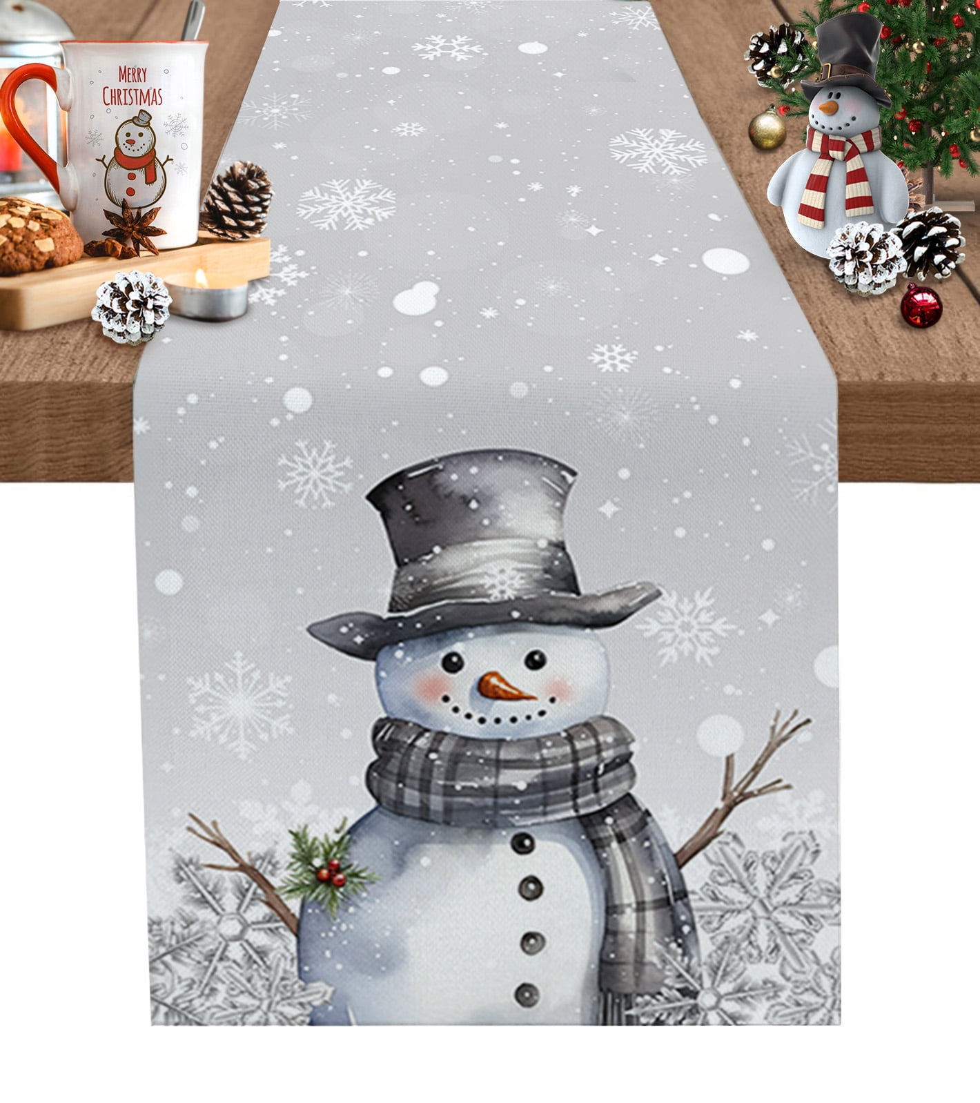 Grey Snowman Christmas Table Runner Xmas Berry Winter Snowflake ...