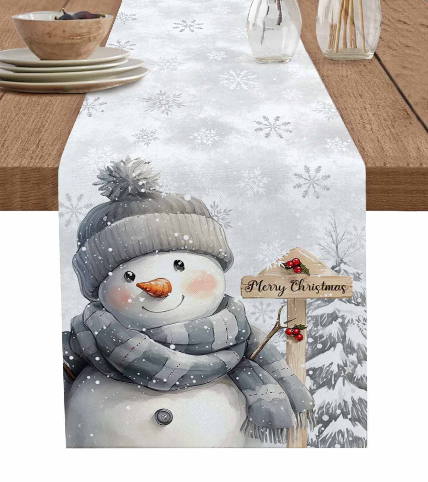 Grey Snowman Christmas Table Runner Xmas Snowflake Tree Gray ...