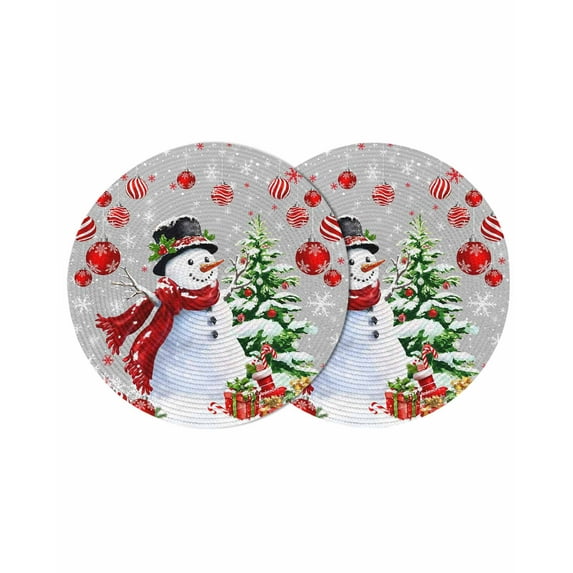 Grey Snowman Round Table Placemats set of 2, Red Christmas Balls Tree ...