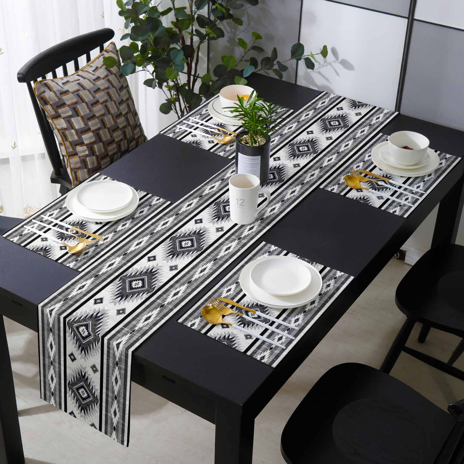 Grey Southwest Placemats Set of 6 with 70 Inches Long Table Runners ...