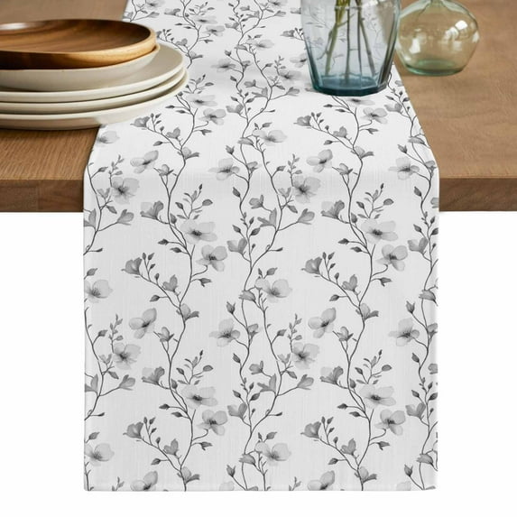 Grey Spring Floral Table Runner, Elegant Watercolor Summer Botanical ...