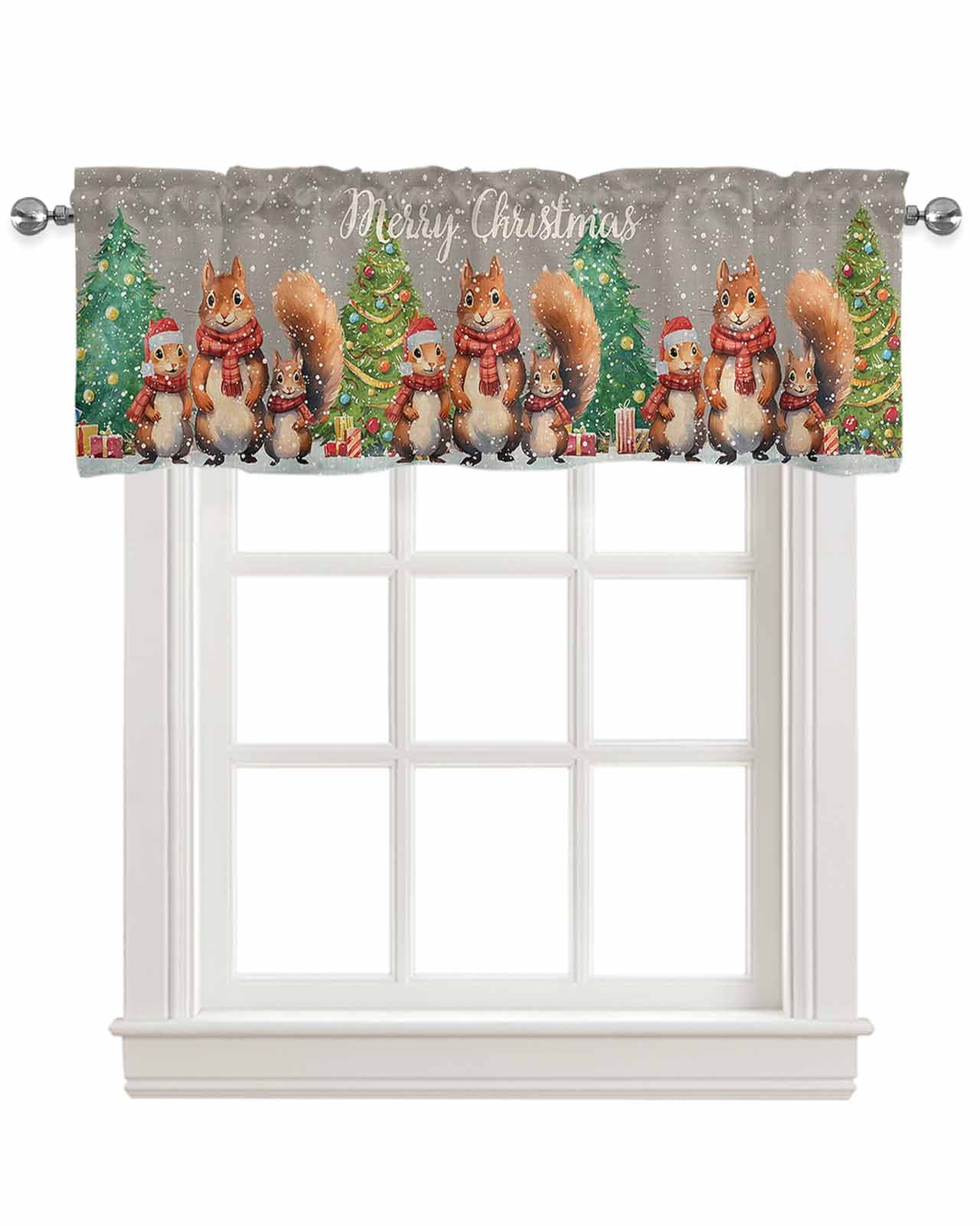 Grey Squirrels Christmas Linen Curtain Valance for Bedroom/Bathroom ...