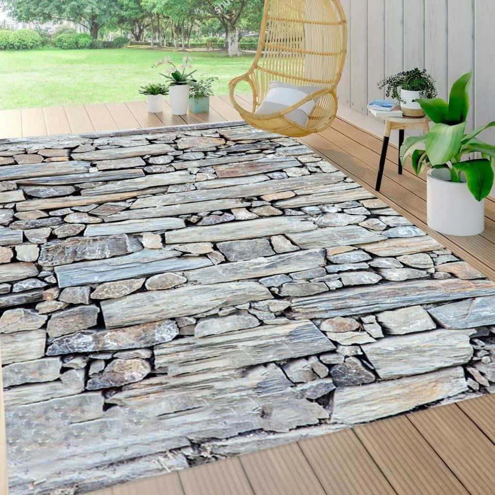 Grey Stones Wall Pattern Texture Area Rug For Porch Patio Deck Machine ...