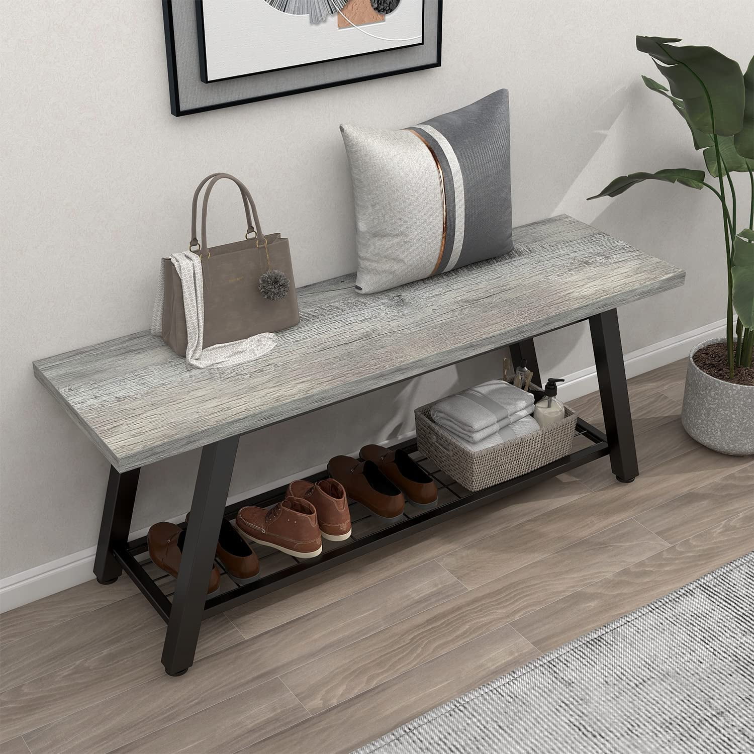 Grey Storage Bench Industrial Rustic Wooden and Metal Entryway Shoe ...