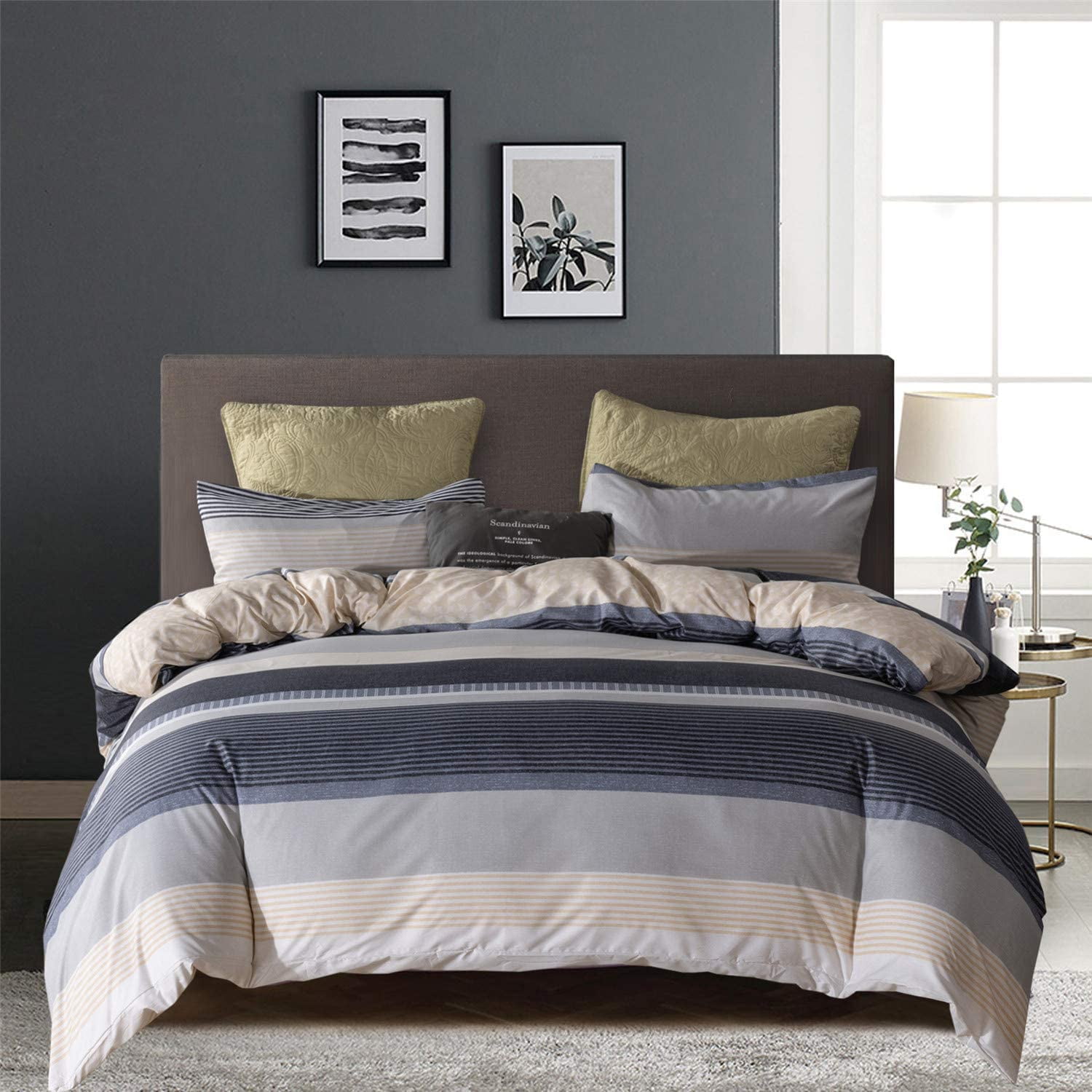 Grey Stripe 3 Pcs Queen Boho Duvet Cover, Black Geometric Pattern ...