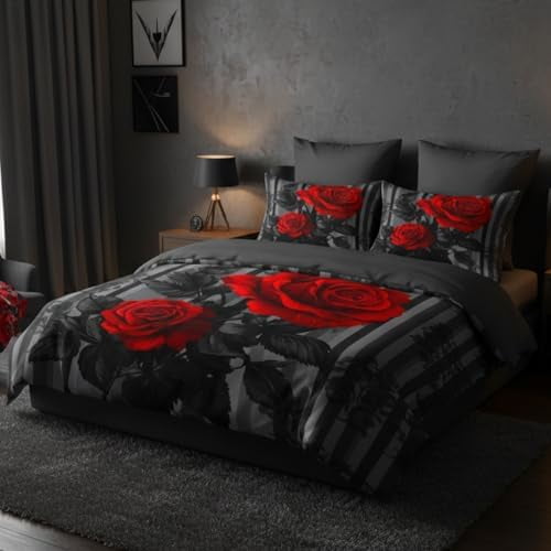 Grey Stripe Comforter Black Red Roses Bedding Set Queen Size for Women ...