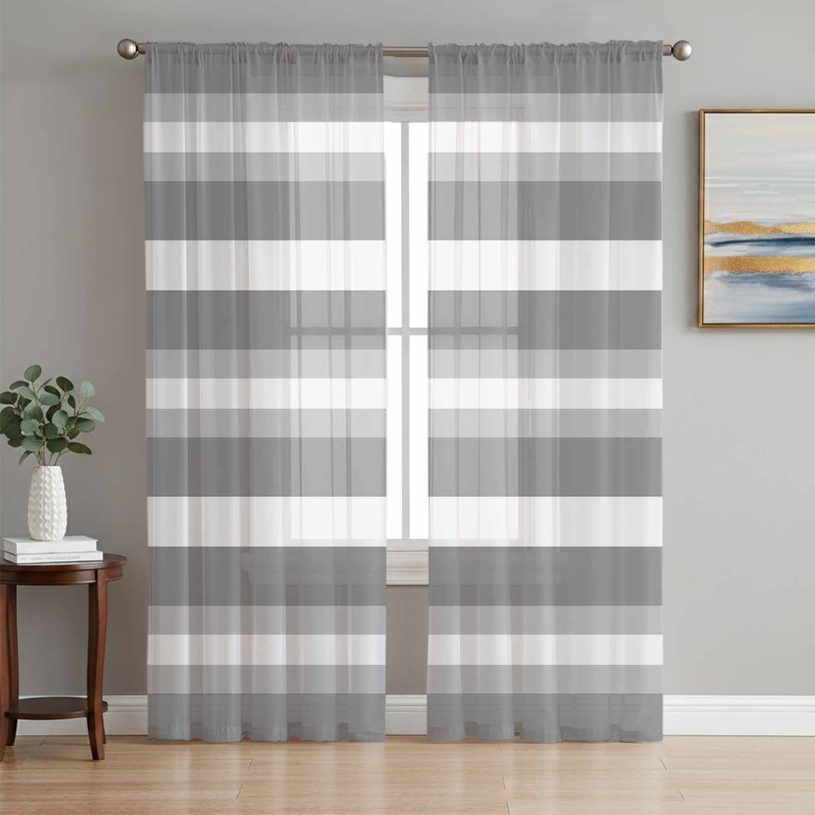Grey Stripe Semi Sheer Curtains 63 Inch Length 2 Panels Set, Minimalist ...