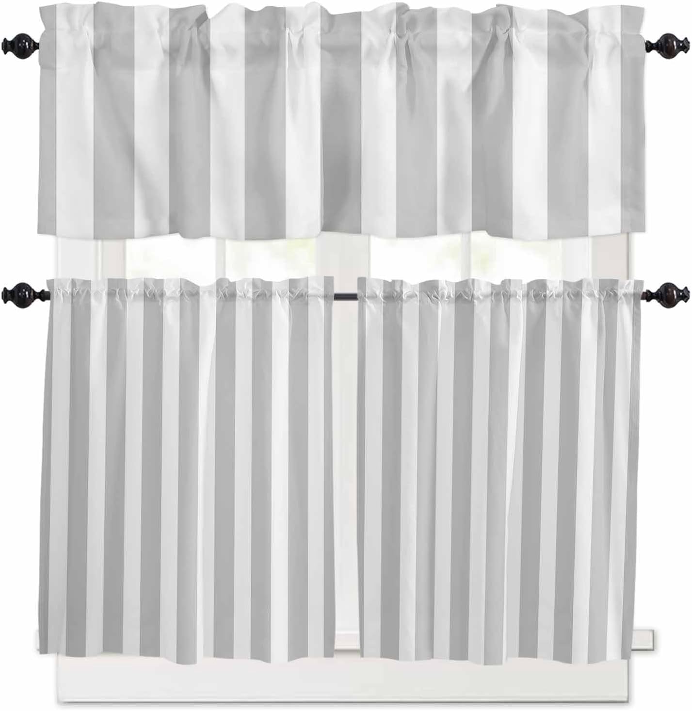 Grey Striped Kitchen Curtains Set Small Half Curtains 24 Inches Length ...