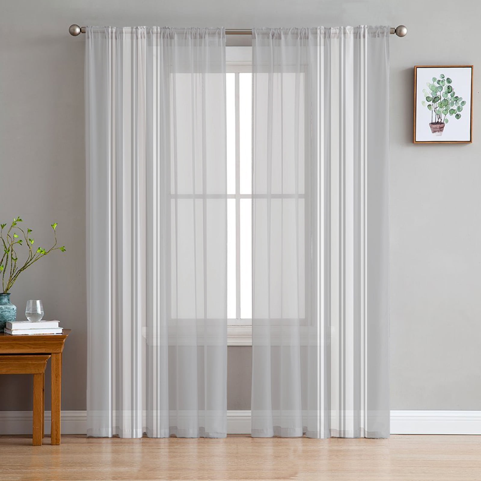 Grey Striped Sheer Curtains 72 Inch Length 2 Panels Set for Living Room ...