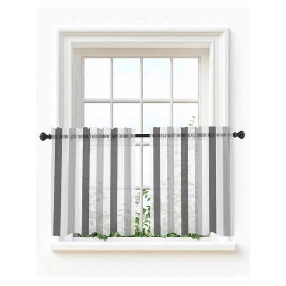 Grey Striped Tier Curtains 36 Inch Length, Sheer Curtains for Bedroom ...