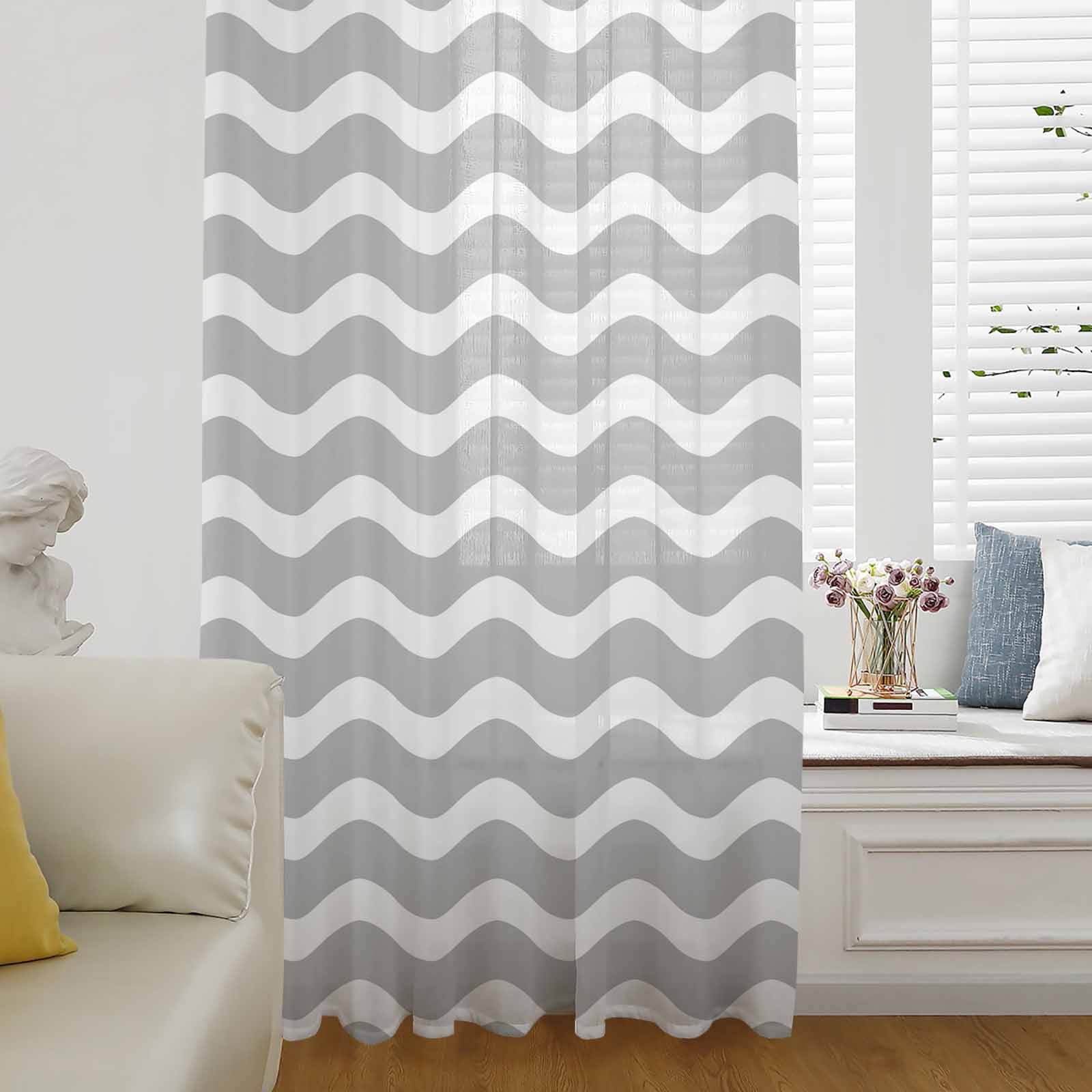 Grey Striped Window Curtain 45 Inches Long,Modern Geometric White ...
