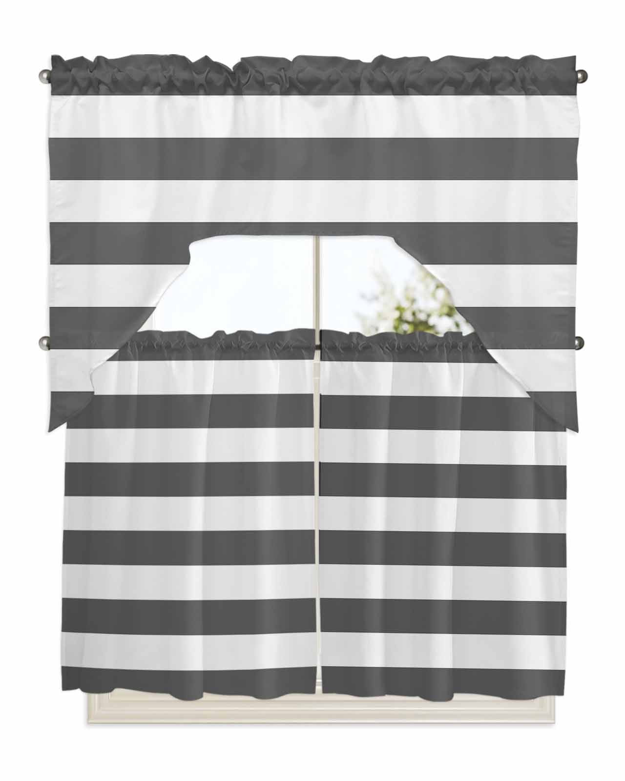 Grey Stripes Kitchen Curtain and Valance Set 3 Pieces, Rod Pocket Short ...