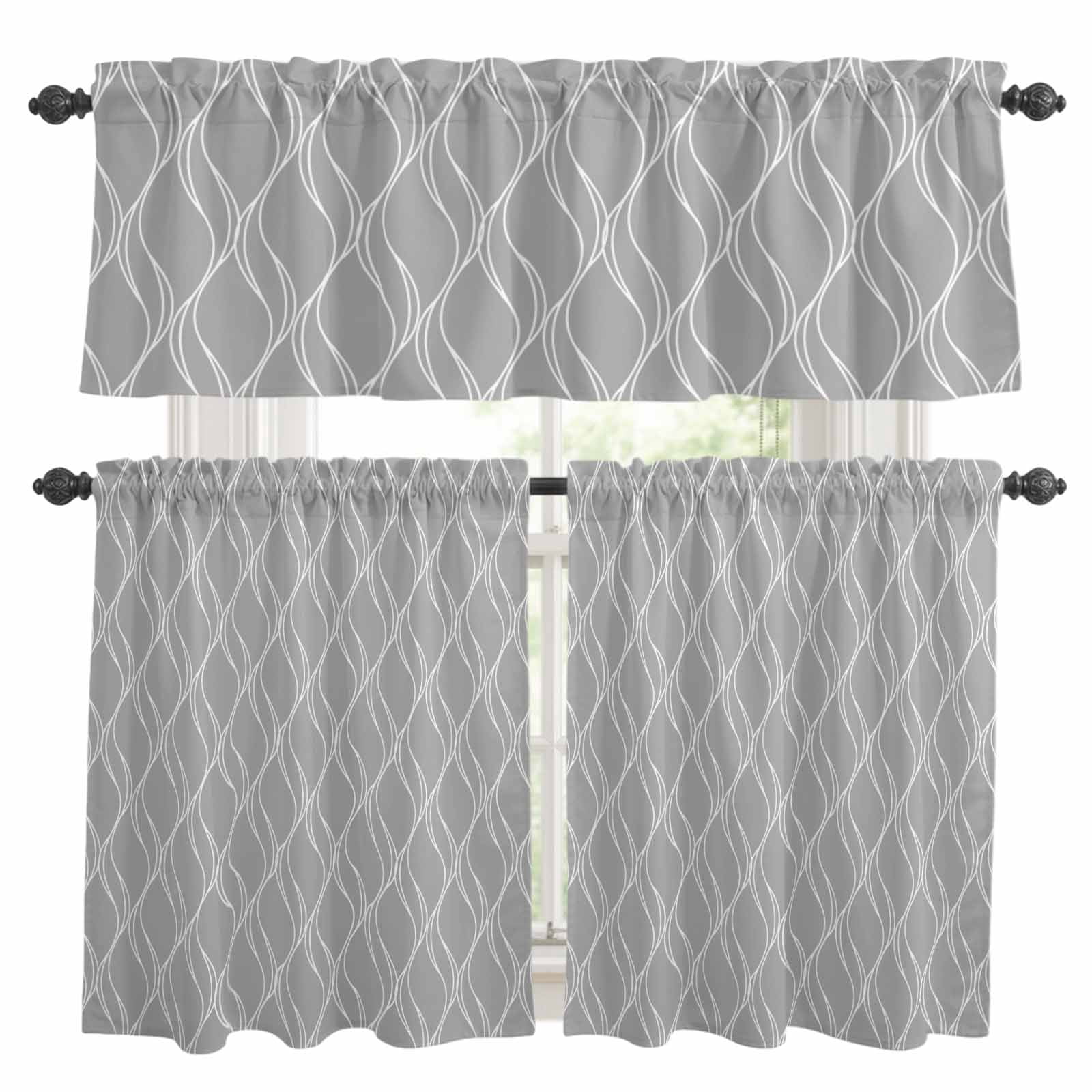Grey Stripes Lines Curtain Valances Set Abstract Waves Striped Classic ...