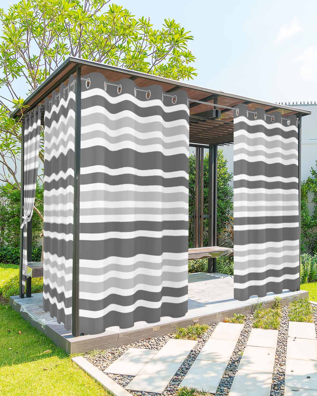 Grey Stripes Outdoor Curtains for Patio, Modern Minimalist Horizontal ...