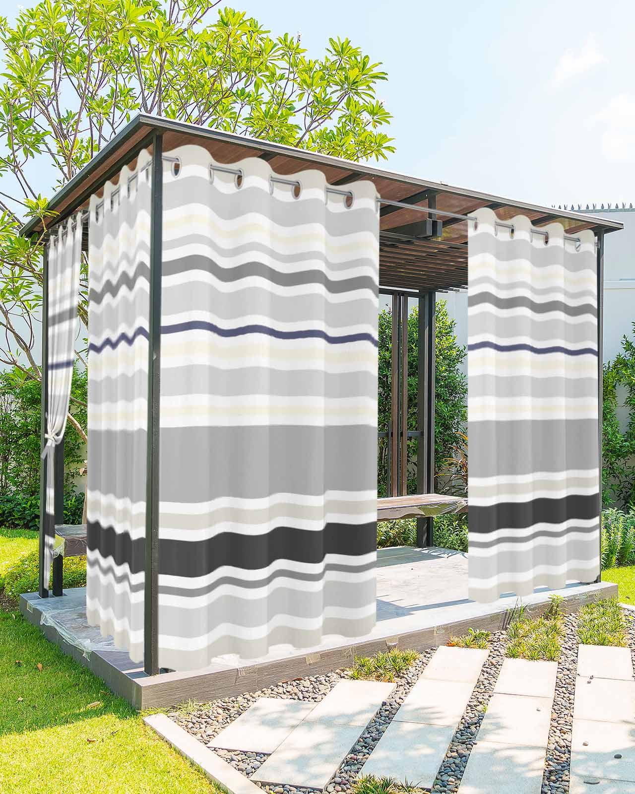 Grey Stropes Outdoor Curtains for Patio Waterproof,Black White Ombre ...