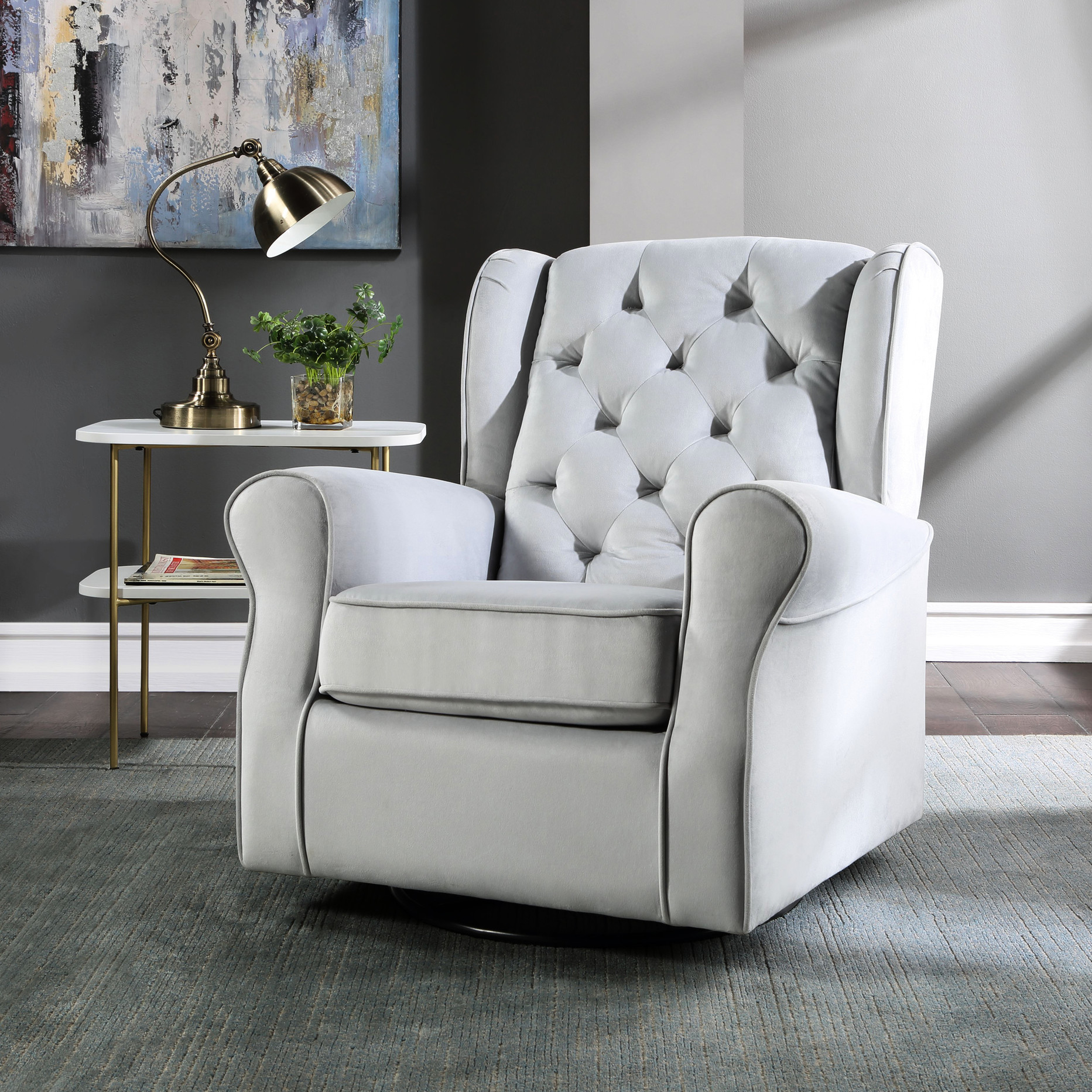Grey Swivel Glider Chair with Tufted Design | In Home Living Spaces ...