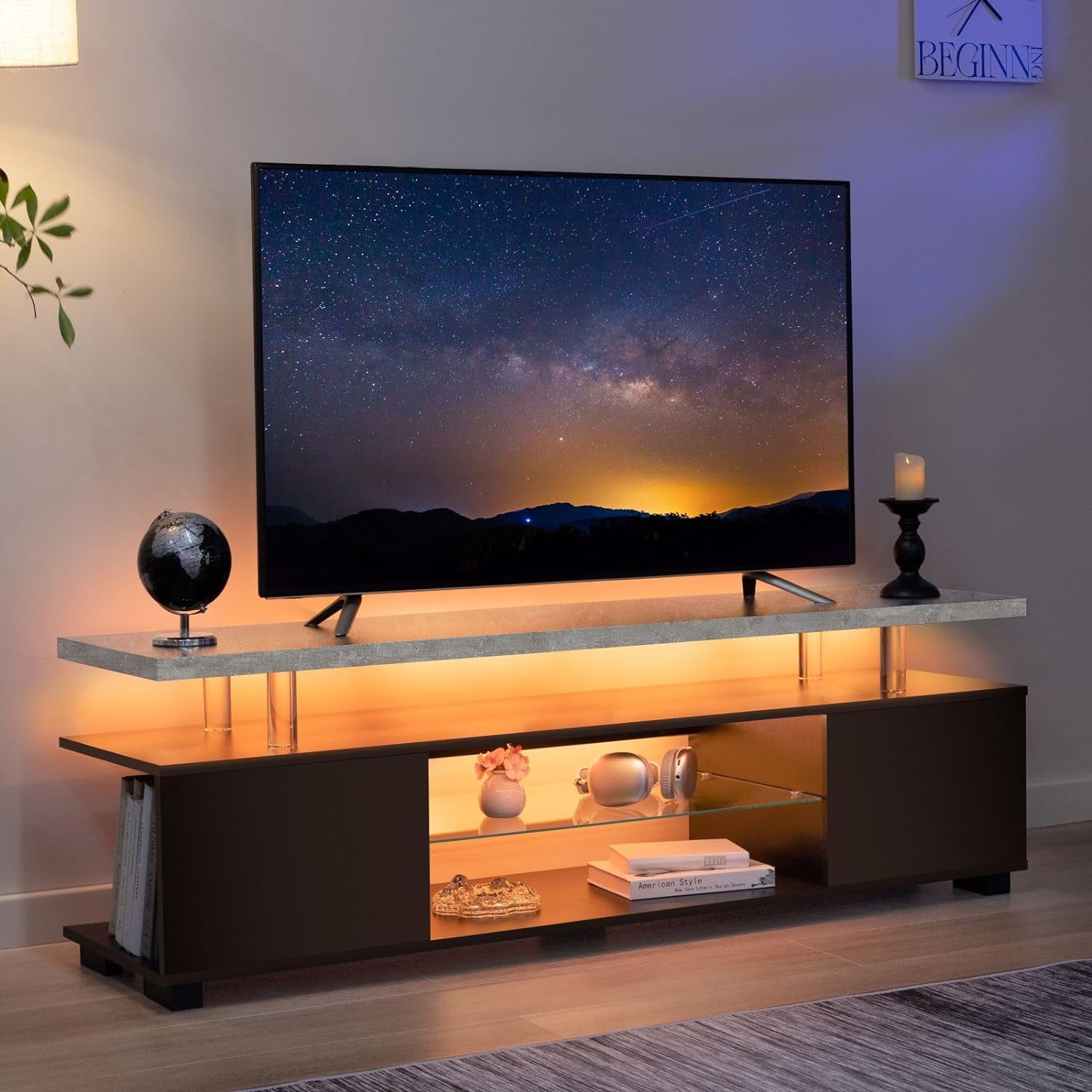 Grey TV Stand 65 inch,LED TV Stand,Glass Entertainment Center TV Stand ...