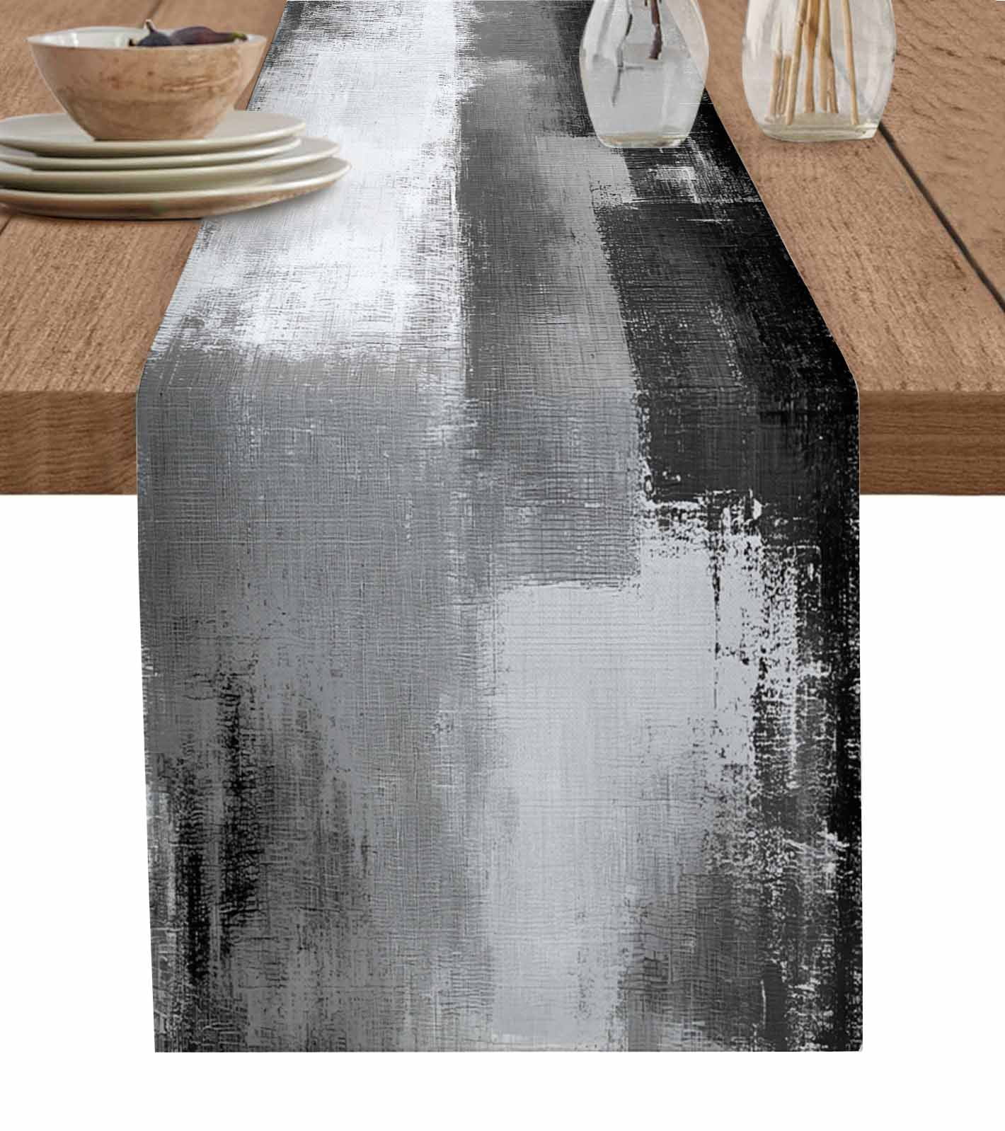 Grey Table Runner 90 Inches, Modern Oil Painted Art Abstract Geometric ...