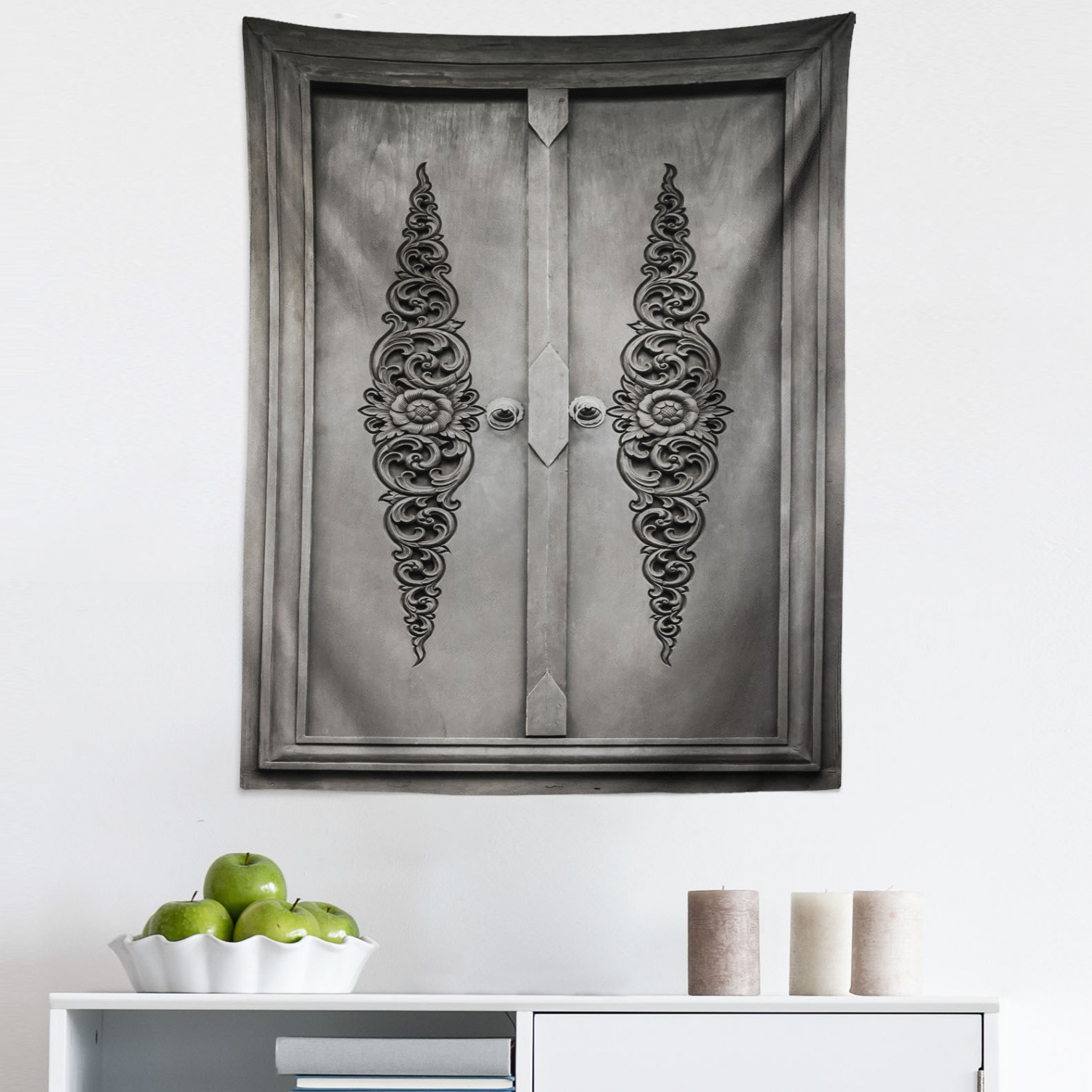 Grey Tapestry, Antique Door with Vertical Ornamental Floral Pattern ...