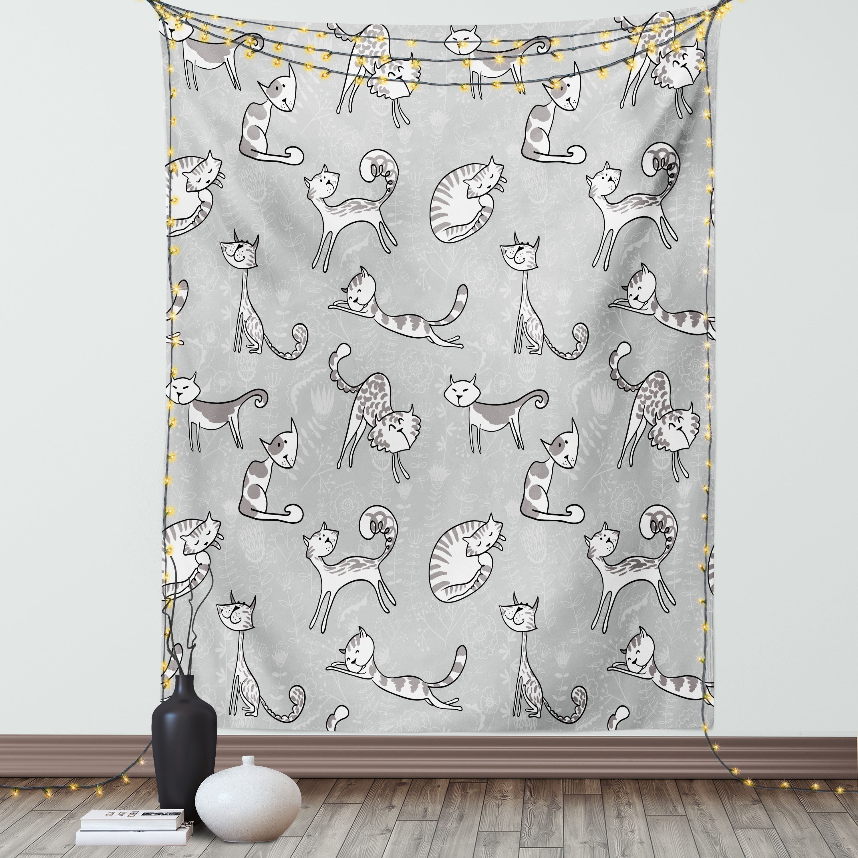 Grey Tapestry, Cute Cats Figures Posing over Floral Background Feline ...