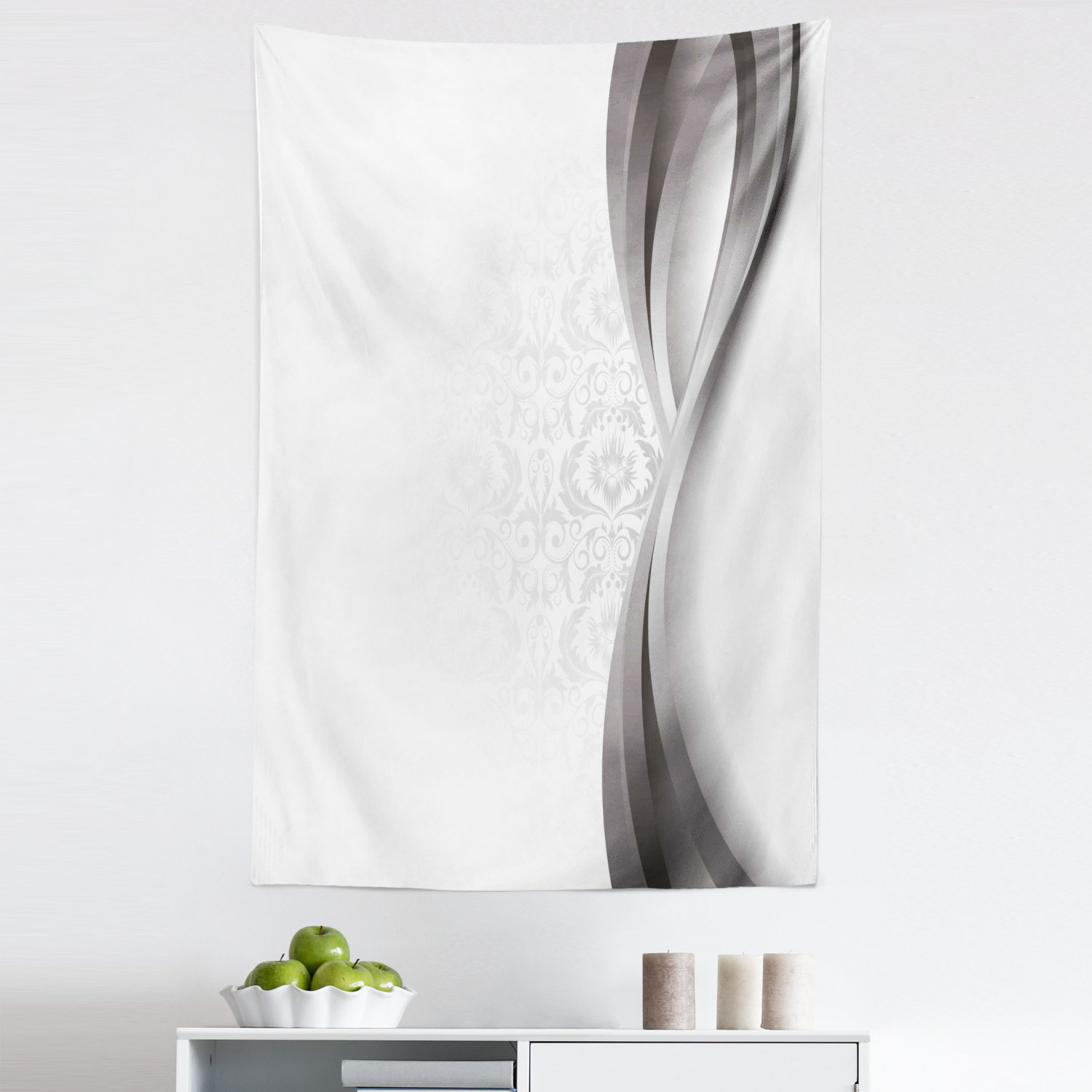 Grey Tapestry, Wavy Vertical Curved Stripes with Flowers and Leaves ...