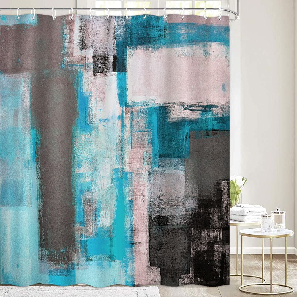 Grey and Teal Bathroom Shower Curtain, Abstract Art Grunge Oil Painting ...