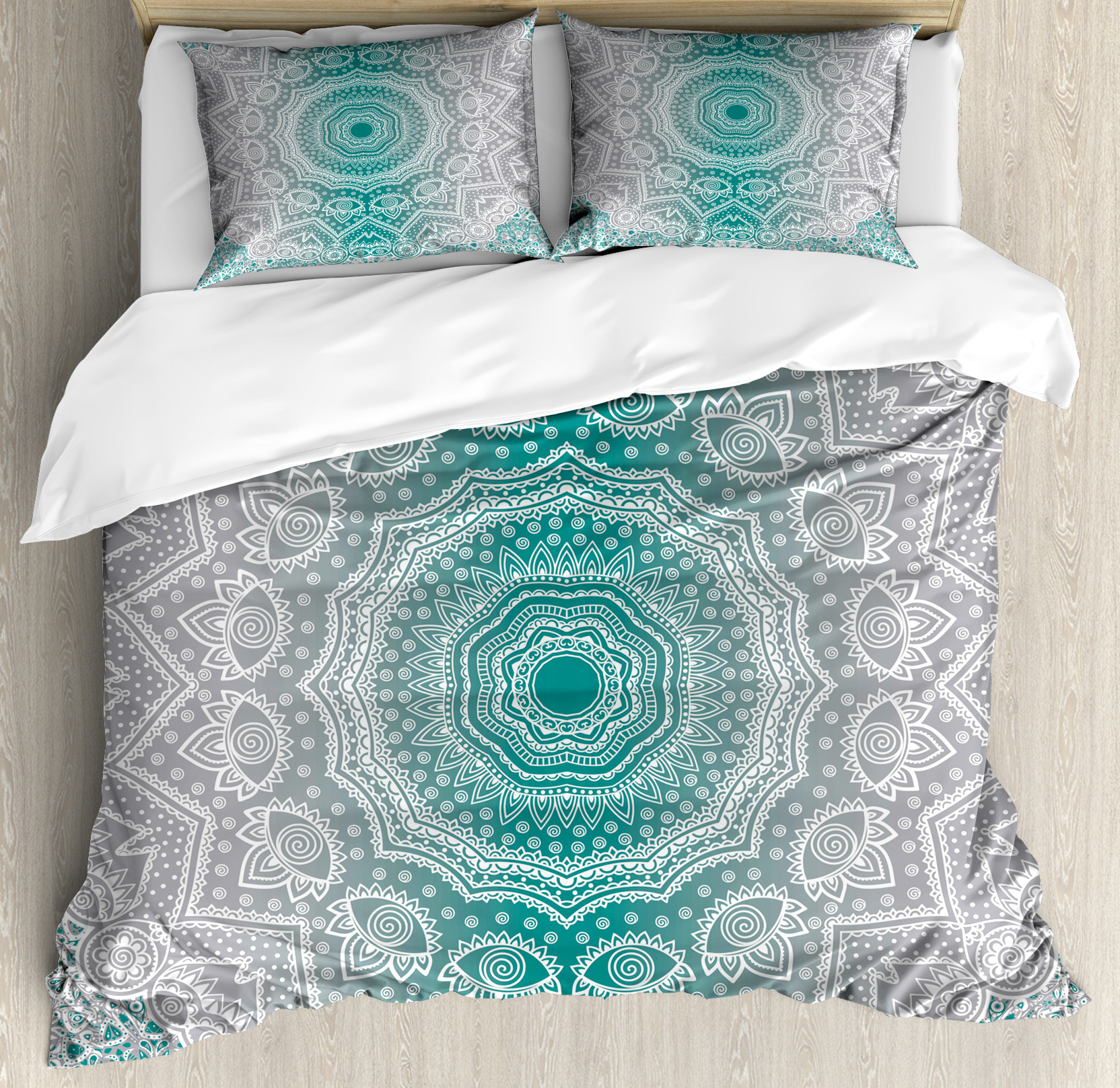 Grey and Teal Duvet Cover Set, Mandala Ombre Geometry Occult Pattern ...