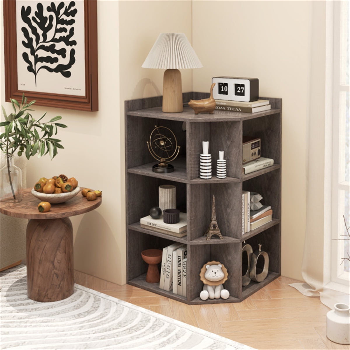 Grey Three-Layer Corner Cabinet with Charging Station, 9 Open Cubbies ...
