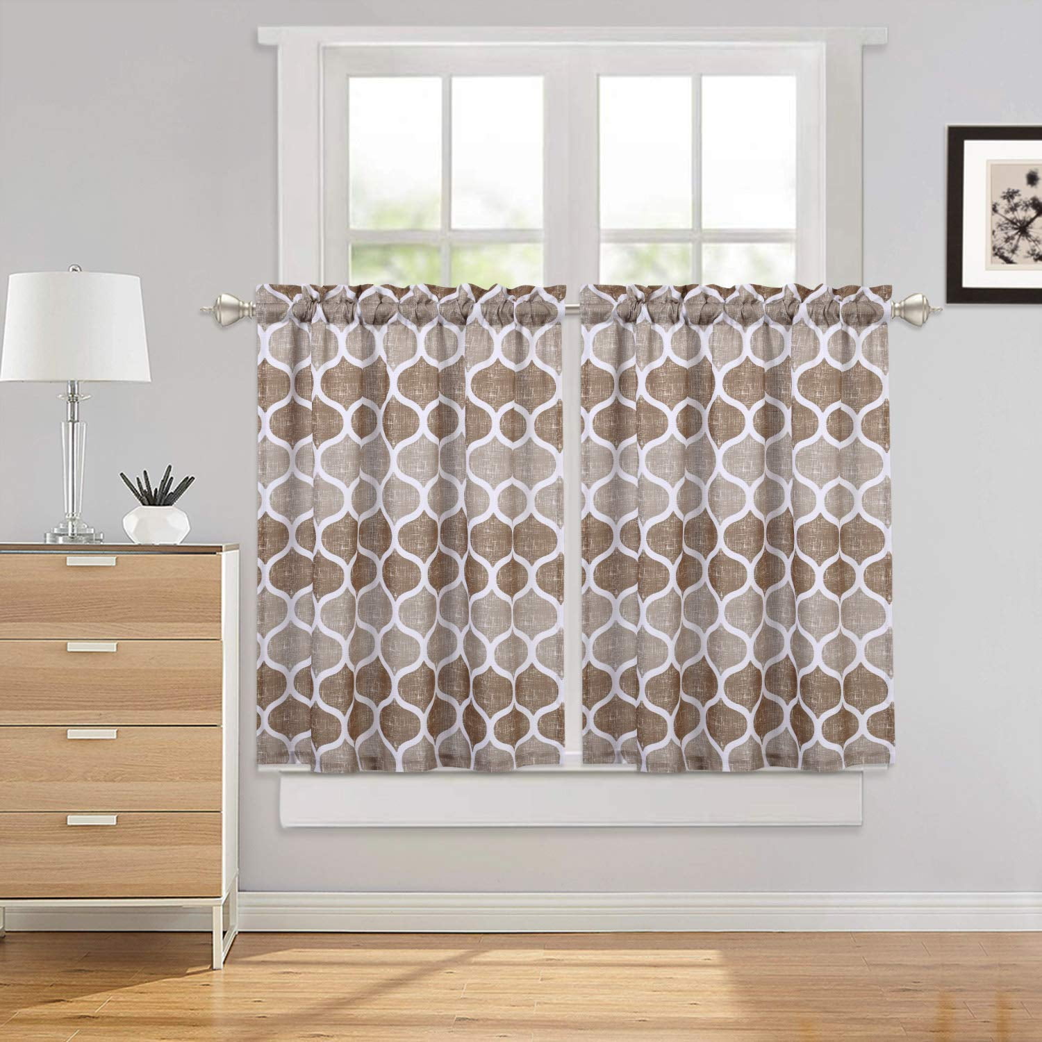 Grey Tier Curtains for Kitchen, Lattice Pattern Short Bathroom Window ...