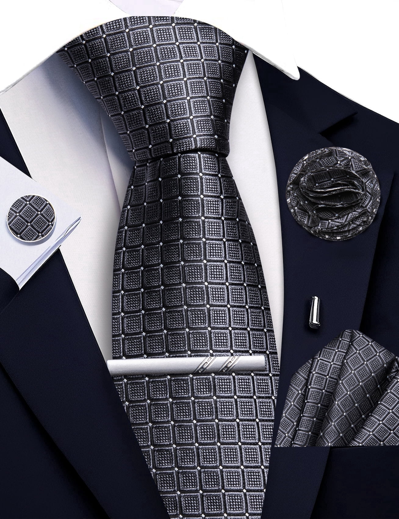 Grey Ties for Men Plaid Checkered Tie Set Silk Necktie Pocket Square ...