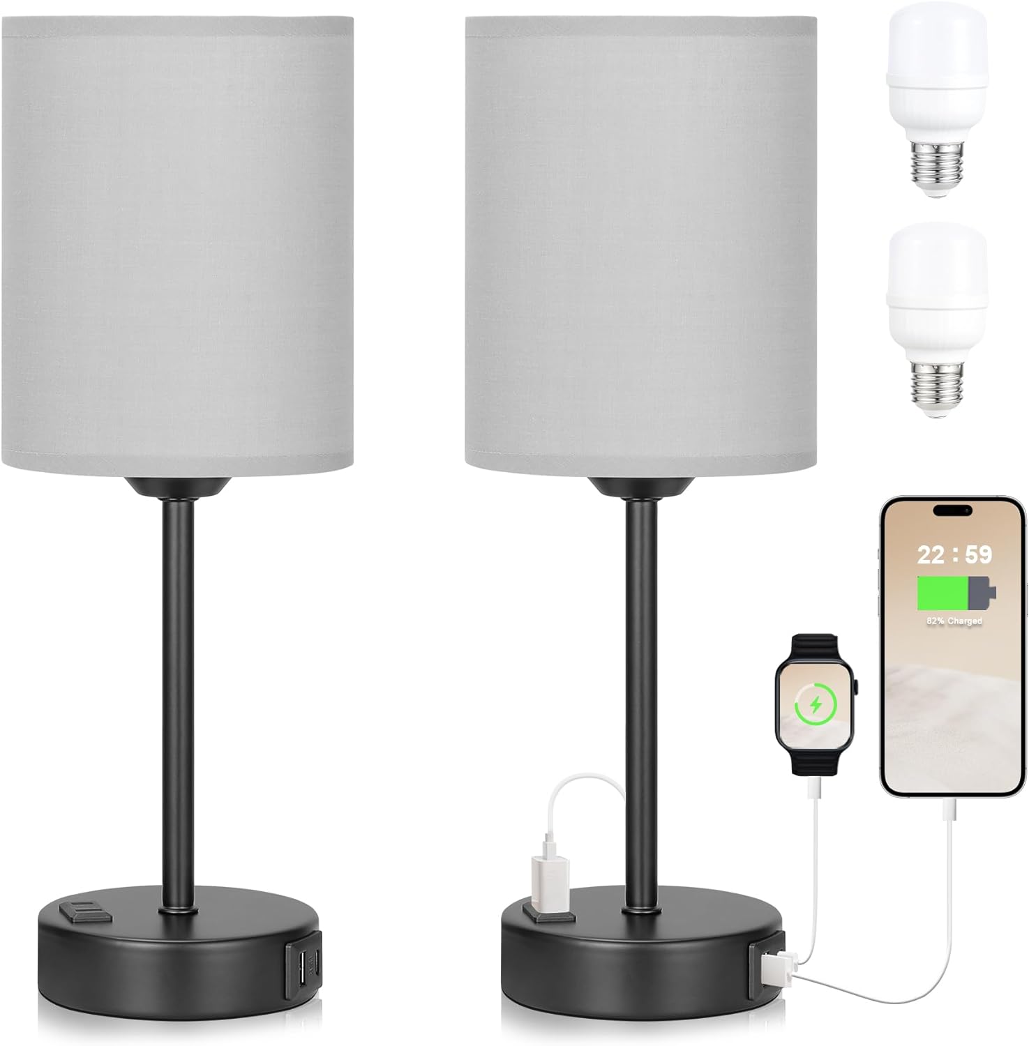 Grey Touch Bedroom Lamps Set - 3 Way Dimmable Bedside Lamps with USB C ...