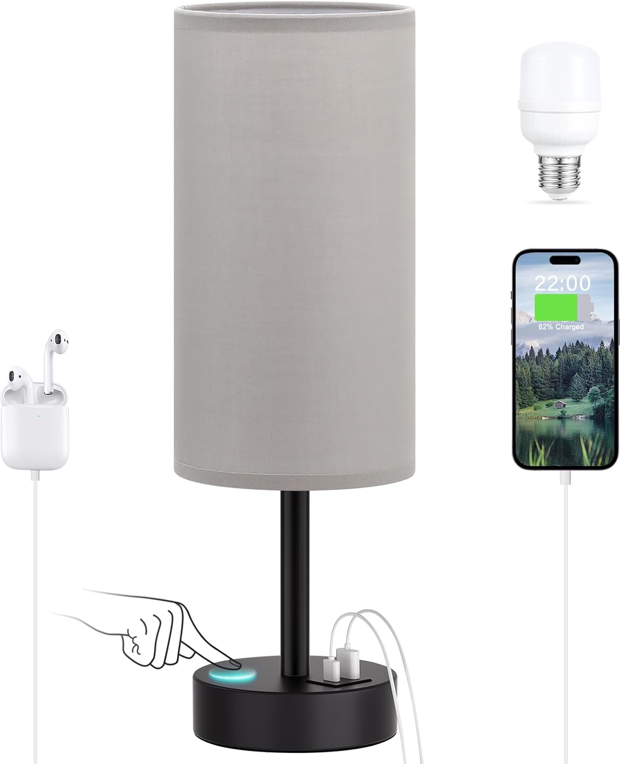 Grey Touch Bedside Lamp with USB - 3 Way Dimmable Table Lamp for ...