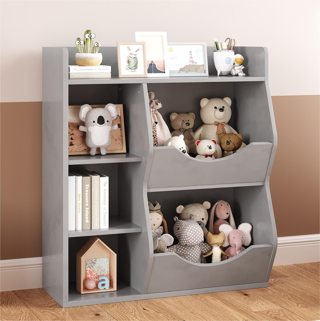 Grey Toy Storage Cabinet, 5-Cubby Kids Bookshelf and Bookcase, Multi ...